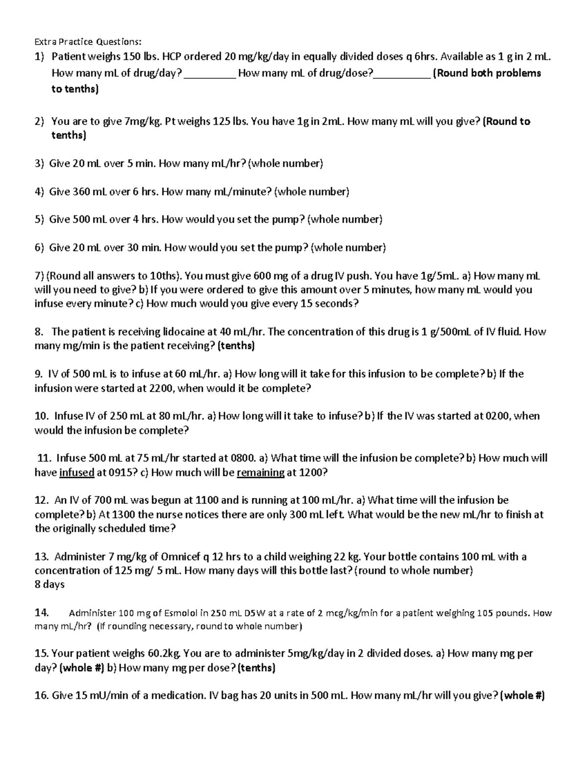 Dosage Cal Practice Questions: Extra Practice for HCP Students - Studocu