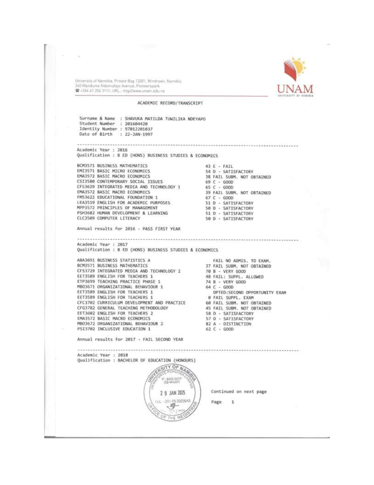 Academic Transcript and Personal Statement for Shavuka Matilda (2016-2024) - Studocu