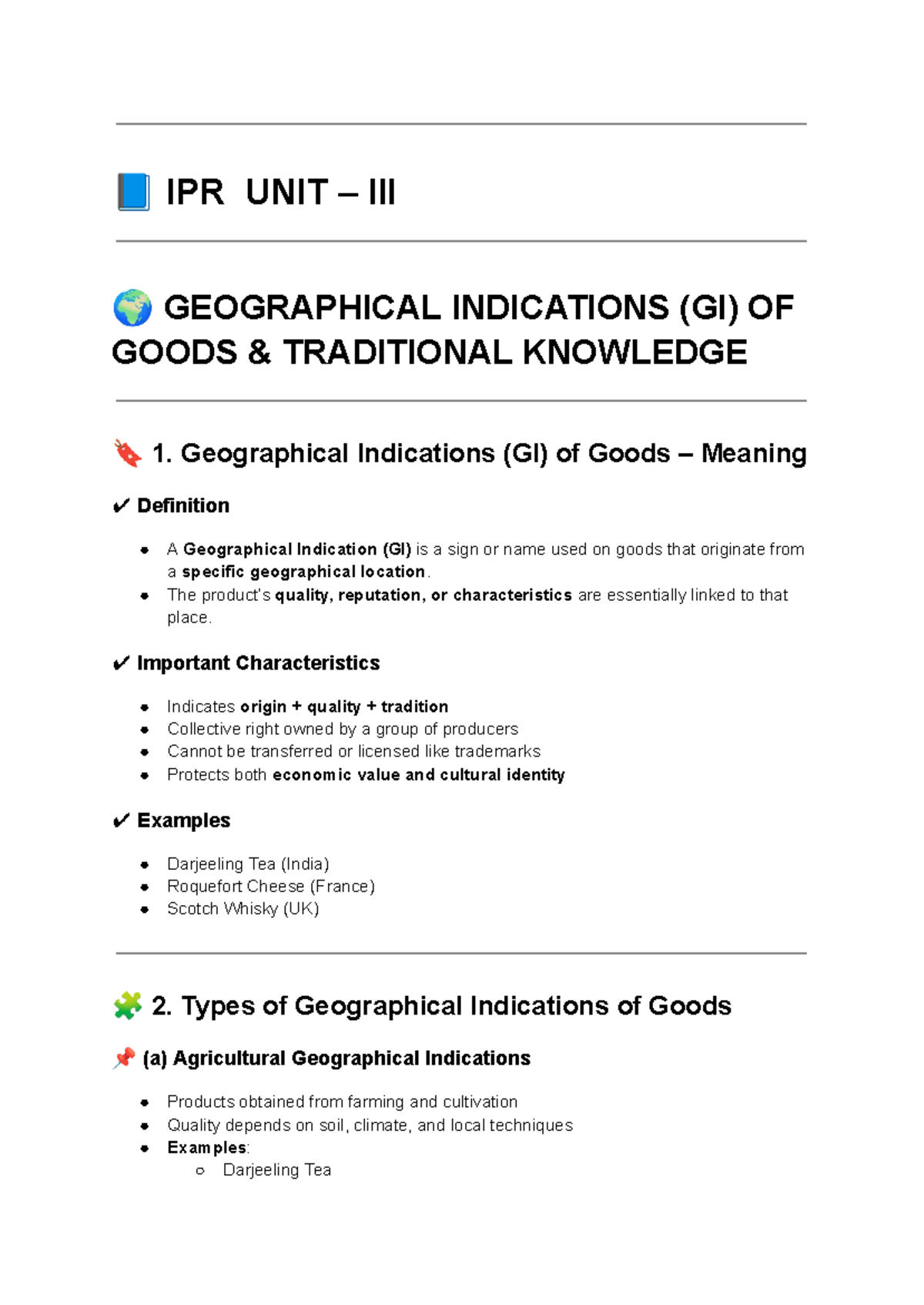 IPR U3: Geographical Indications & Traditional Knowledge Overview - Studocu