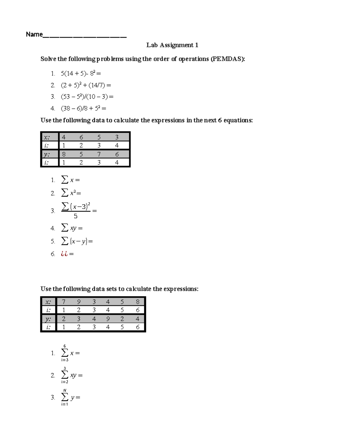 Lab 1 Assignment: Order of Operations and Data Analysis - Studocu