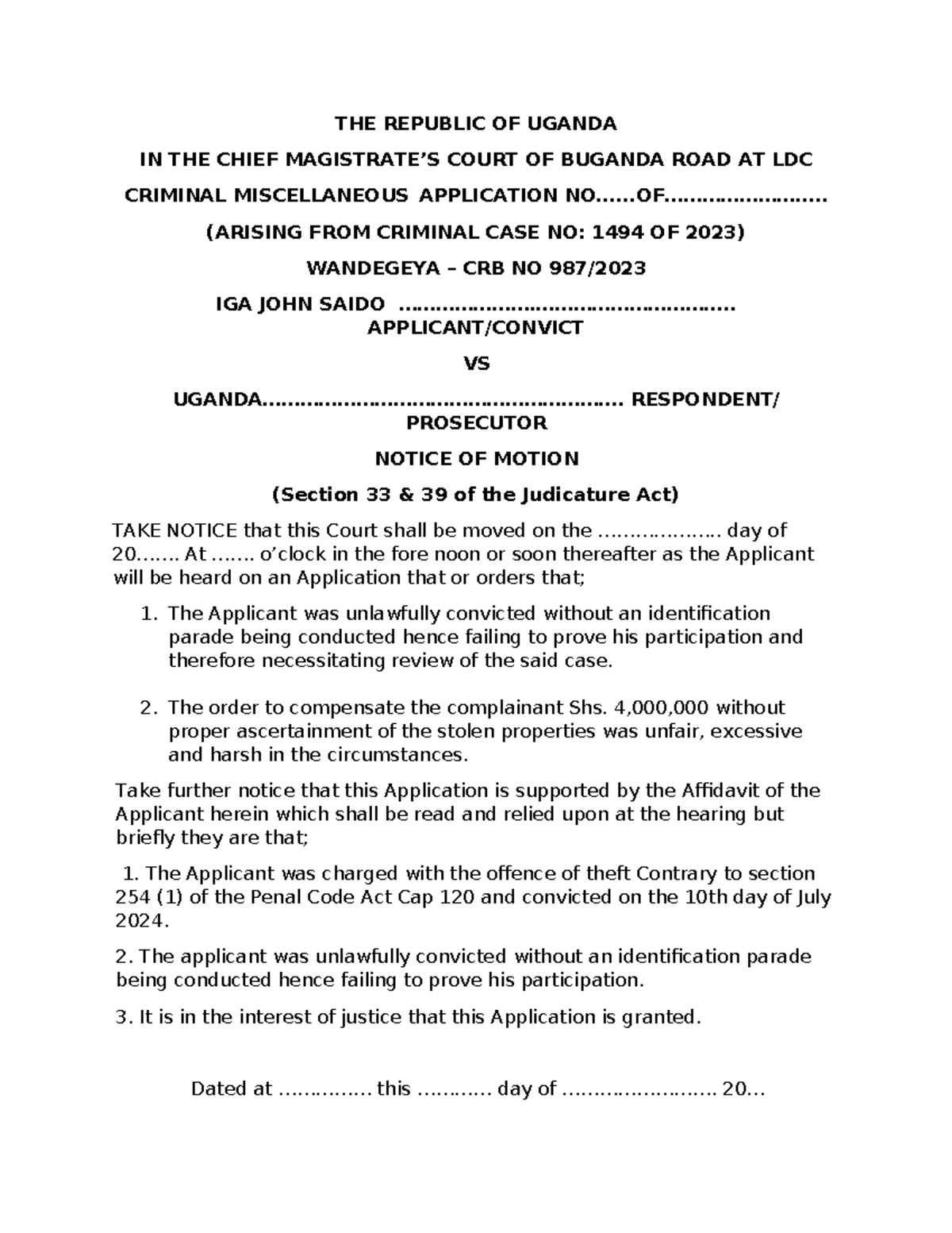 Application for Review of Judgment in Criminal Case No. 1494/2023 - Studocu