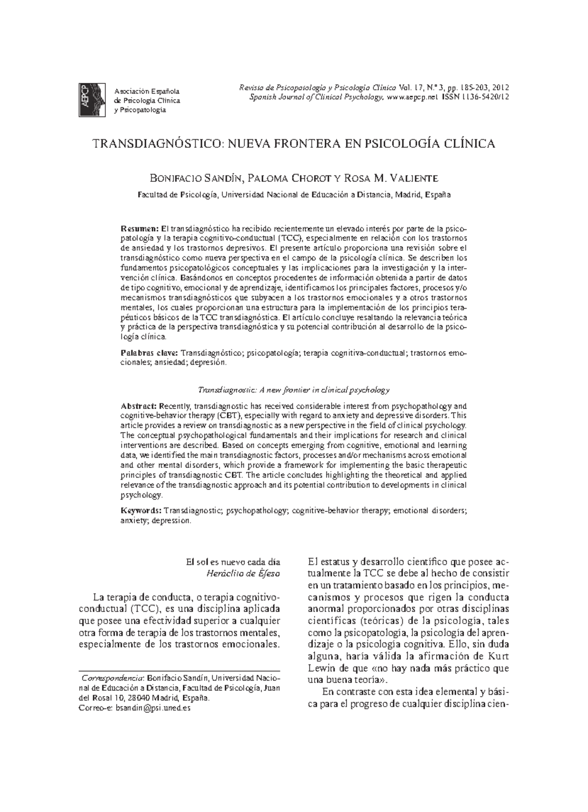 Transdiagnóstico: Nueva Frontera en Psicología Clínica (Revista 17, N.º ...