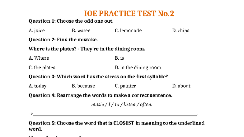 IOE PRACTICE TEST No.2 - ĐỀ SỐ 02 Questions and Answers - Studocu