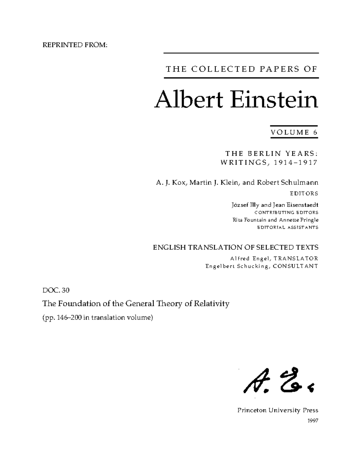 Einsteins Original Paper on General Rela - REPRINTED FROM: T H E C O L ...