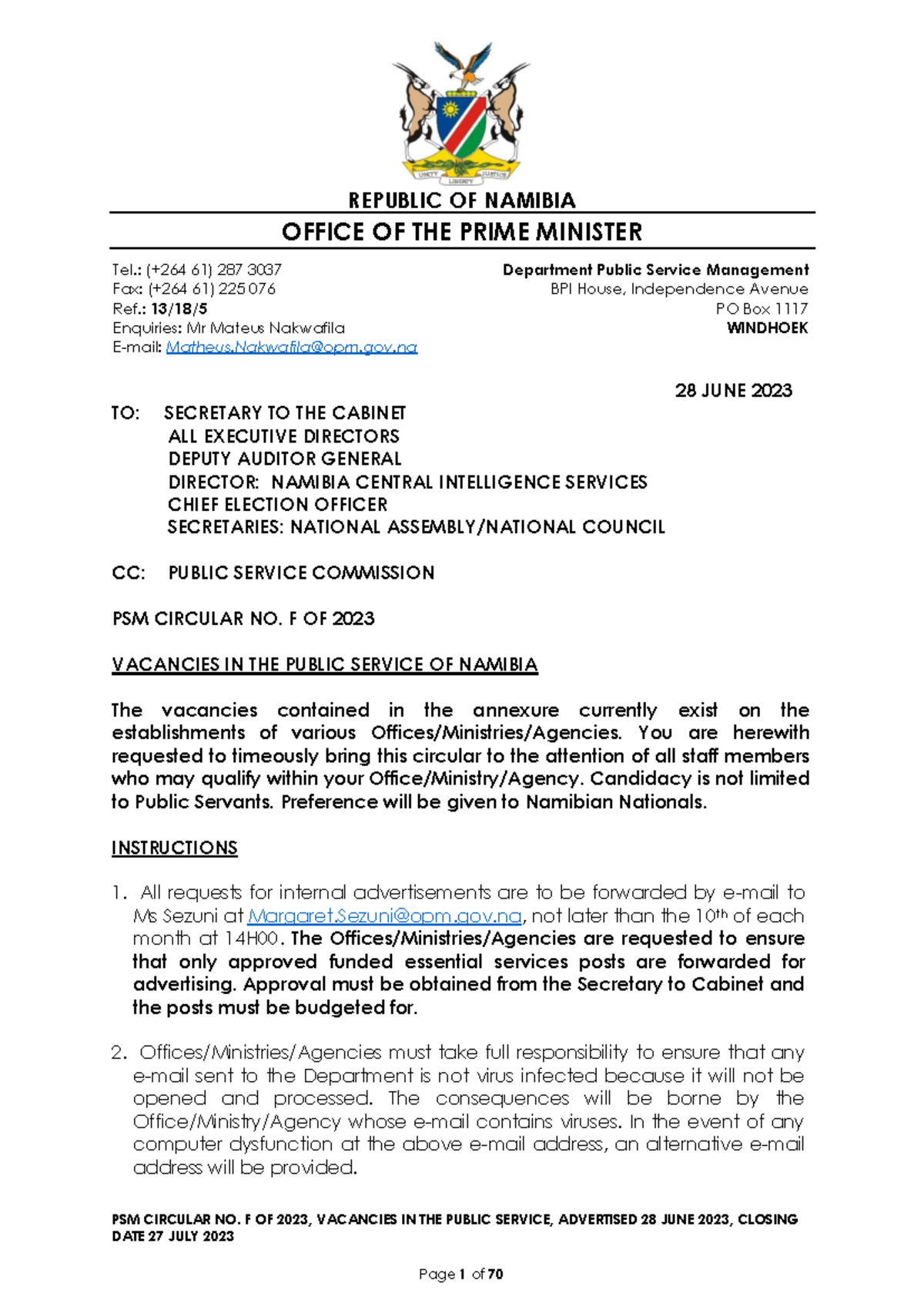 PSM Circular F of 2023: Public Service Vacancies & Application Details ...