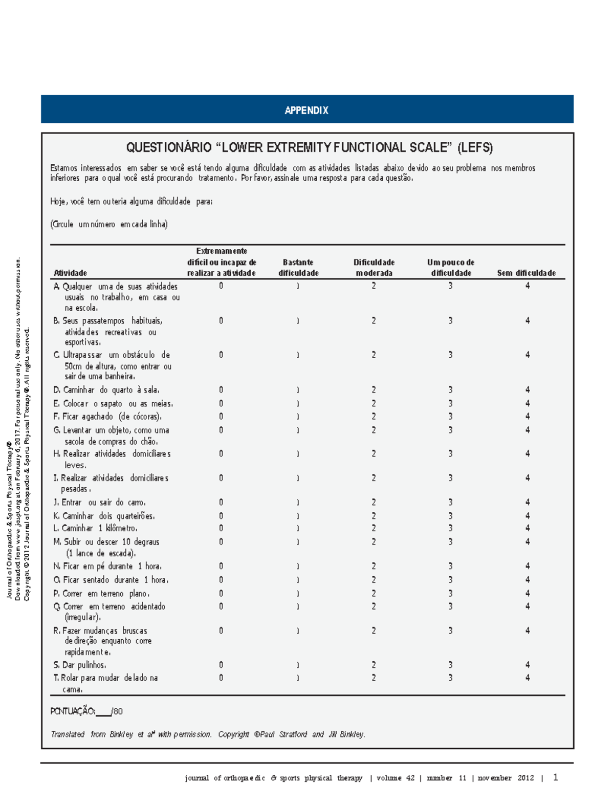 Questionário LEFS: Avaliação da Funcionalidade dos Membros Inferiores ...