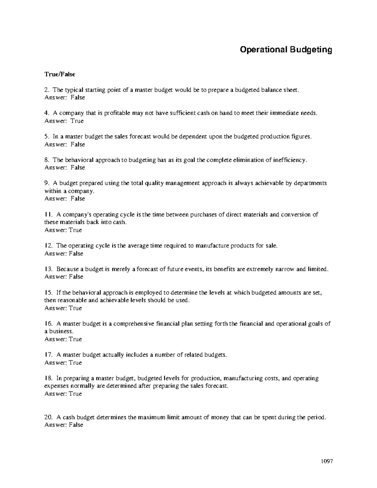 Master Budget Test Bank: Key Concepts and Review Questions - Studocu