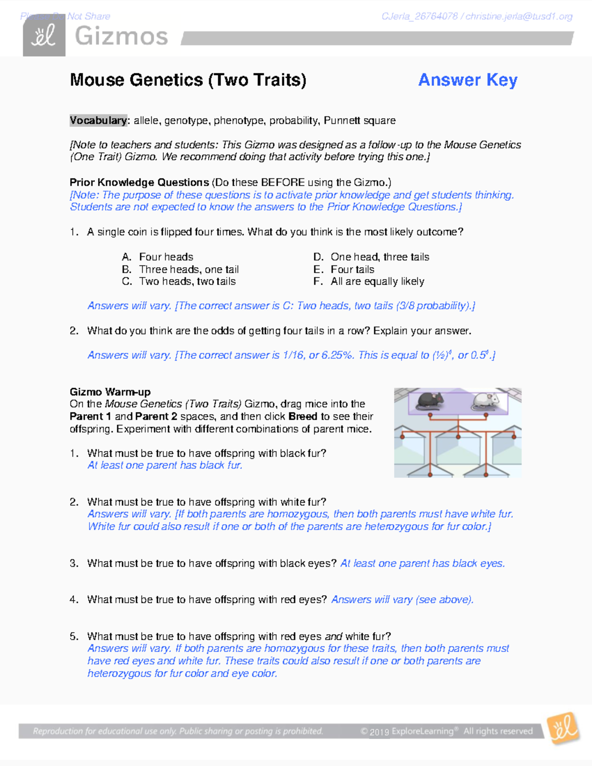 Mouse Genetics 2SE Two Traits Answer Key and Guidance - Studocu