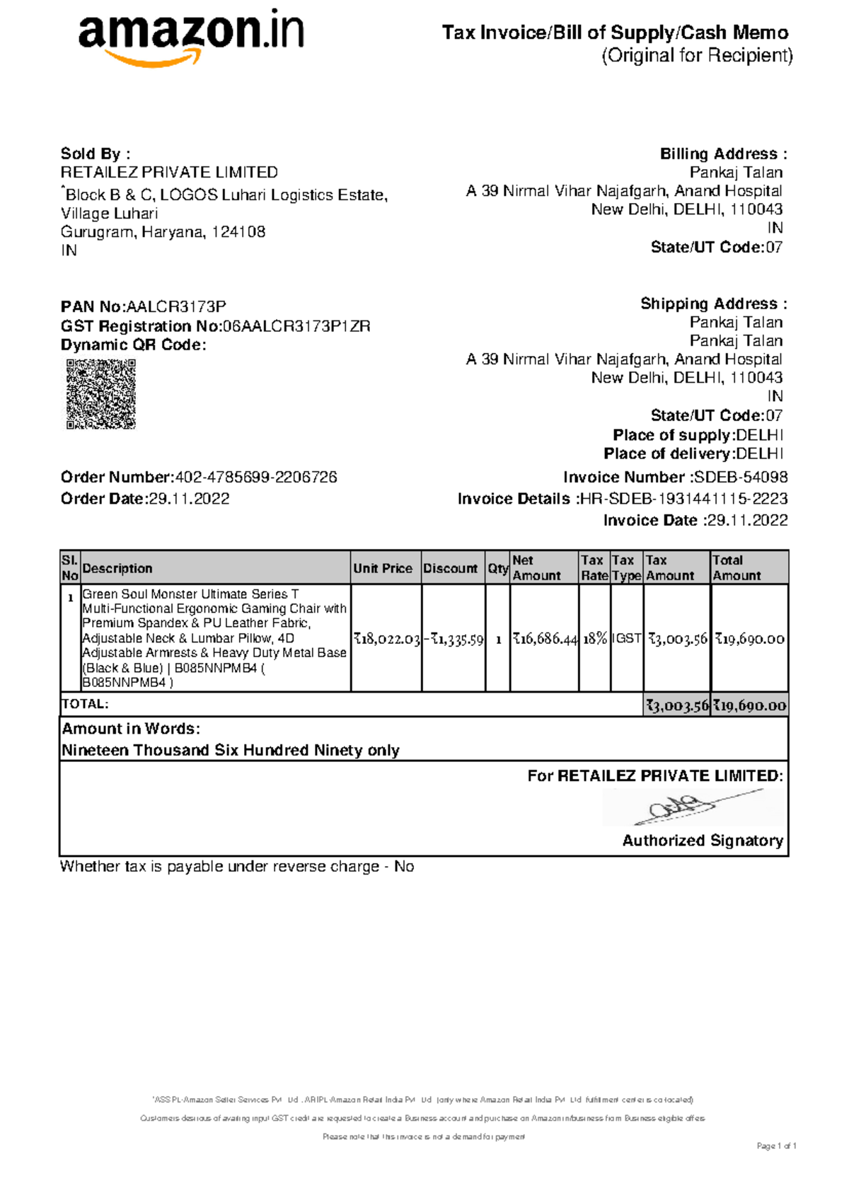 Chair Invoice - Tax Invoice/Bill of Supply/Cash Memo (Original for ...