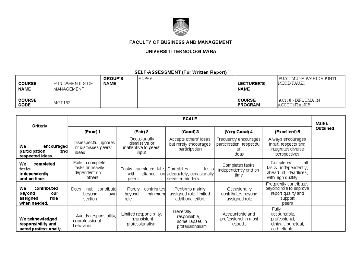 MGT162 Final Report Evaluation Criteria for Management Course - Studocu