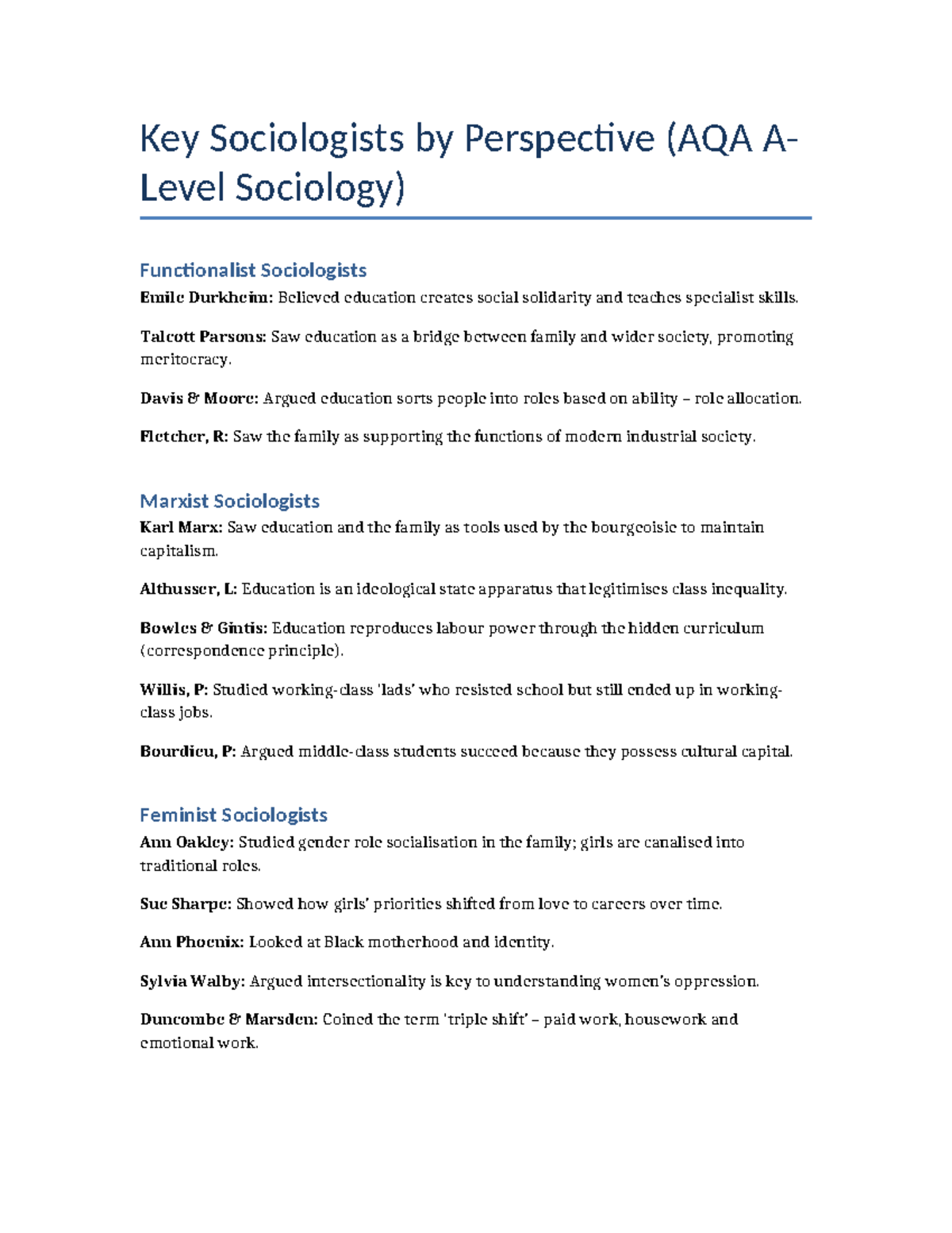 Key Sociologists Explained (AQA ALevel Sociology) - Studocu