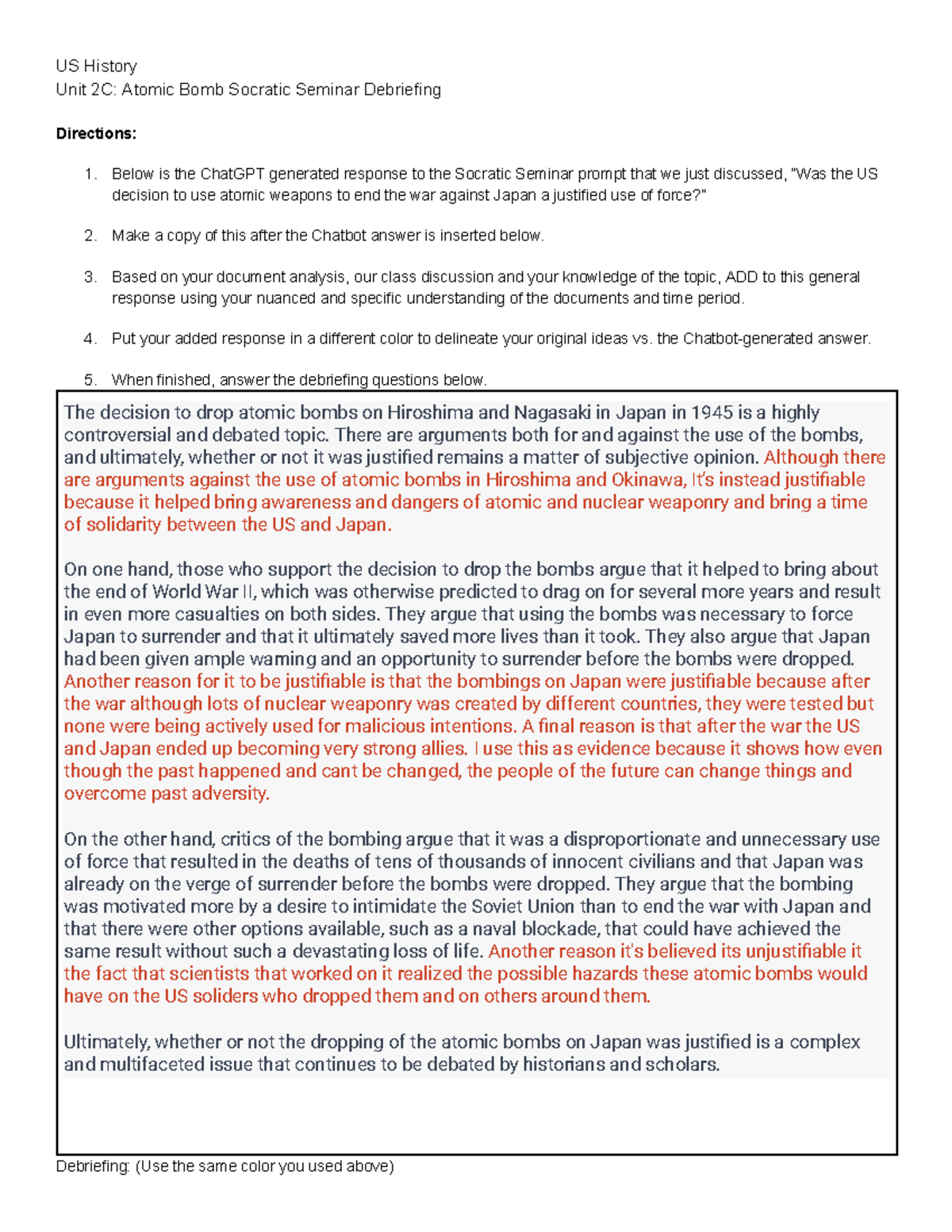 US History Unit 2C: Atomic Bomb Socratic Seminar Analysis and ...