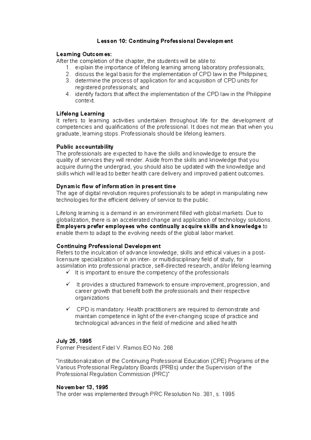 Lesson 10: CPD and Lifelong Learning for Professionals - Studocu