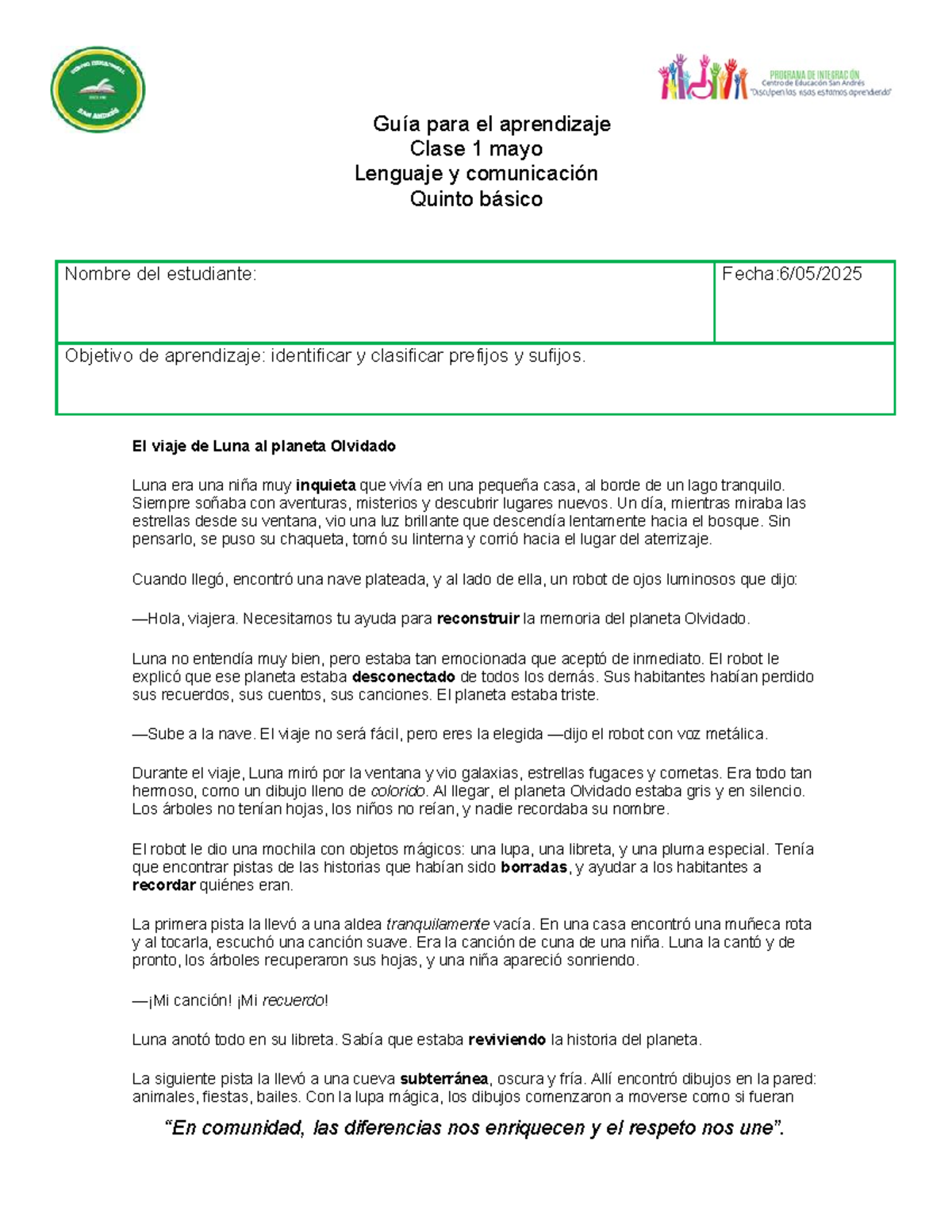 Guía de Lenguaje y Comunicación 5to Básico - Clase 1 de Mayo - Studocu