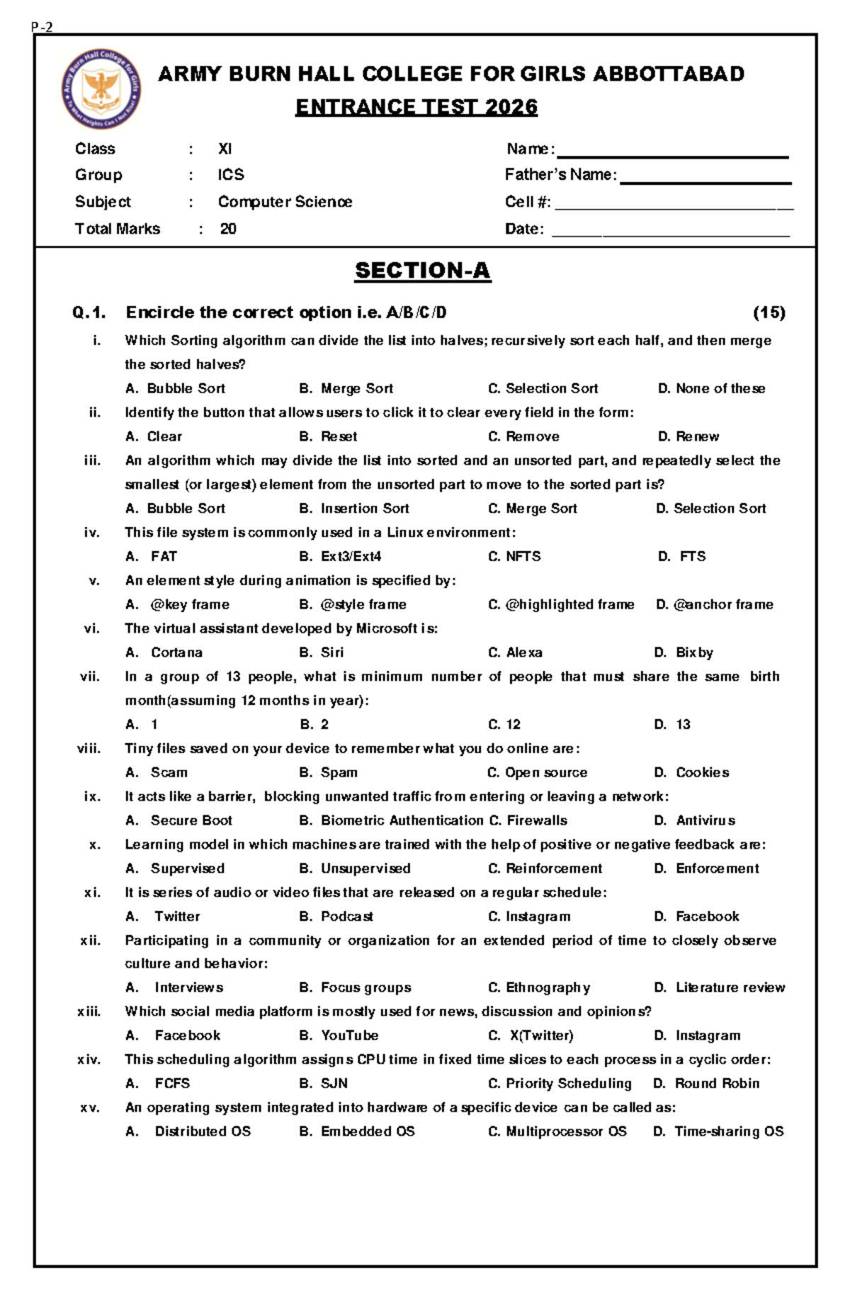 Comp Sc Entrance Test (P2) 2026 - ARMY BURN HALL XI - Studocu