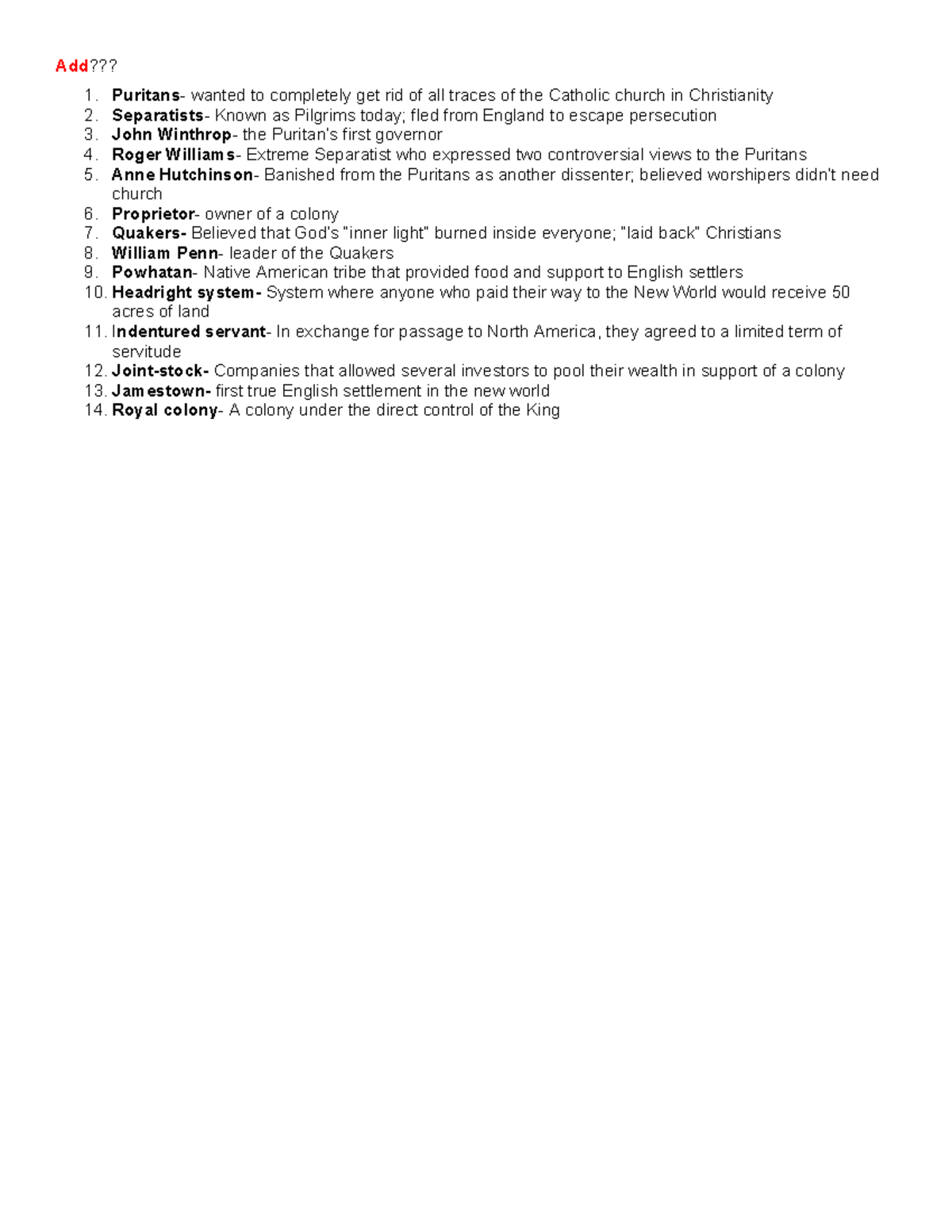 Colonies Vocabulary List for History Quiz - Studocu