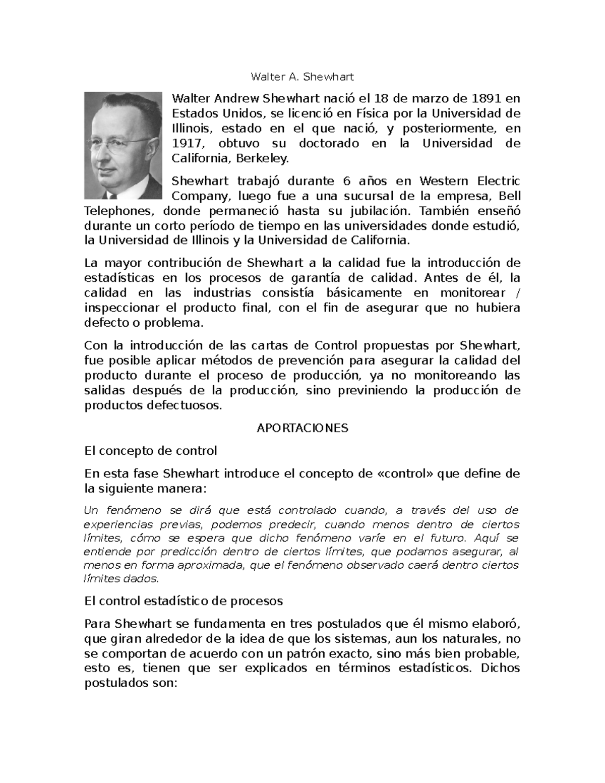 Walter A. Shewhart: Aportaciones a la Historia de la Calidad - Studocu