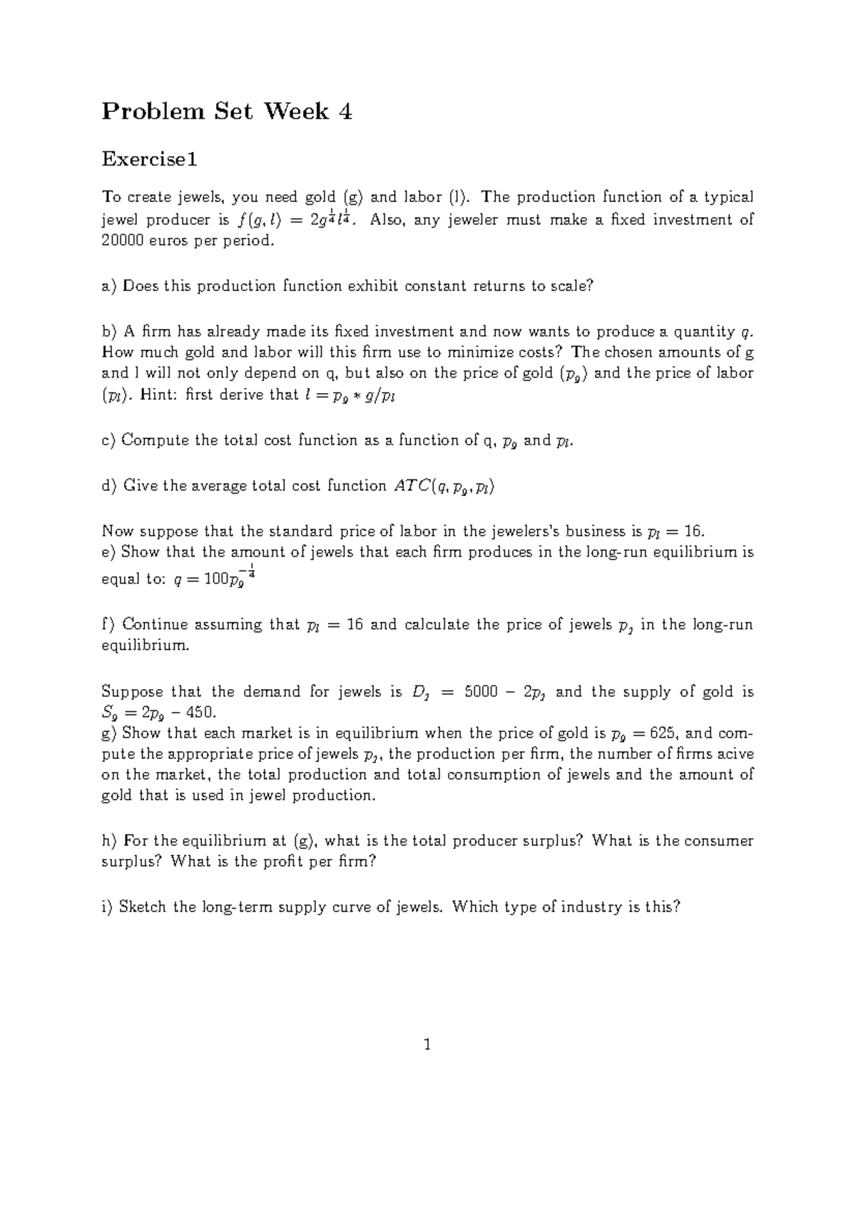 Economics Homework Problem Set 4: Optimal Production & Cost Analysis ...