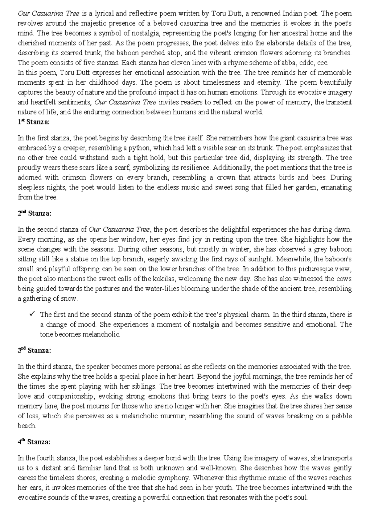 Our Casuarina Tree: A Reflective Poem by Toru Dutt - Studocu