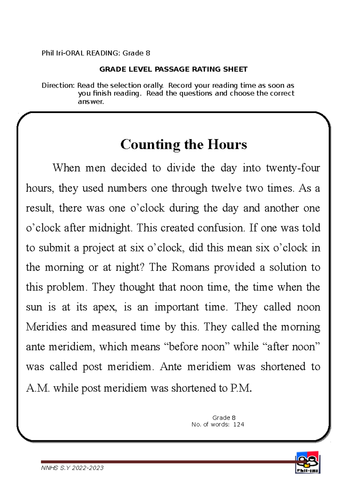 Phil Iri Pretest - Forms - Phil Iri-ORAL READING: Grade 8 GRADE LEVEL ...