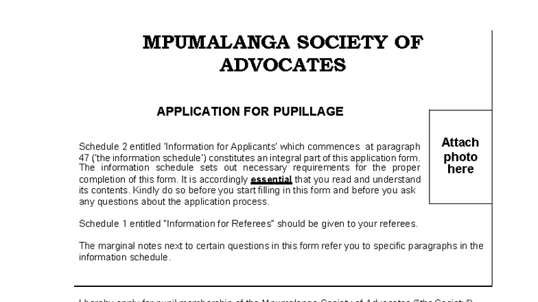 Pupillage Application Form for Mpumalanga Society of Advocates - Studocu