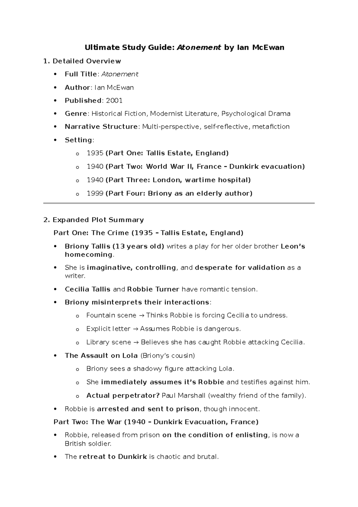 Atonement Study Guide (ENG 101): Themes, Characters, and Analysis - Studocu