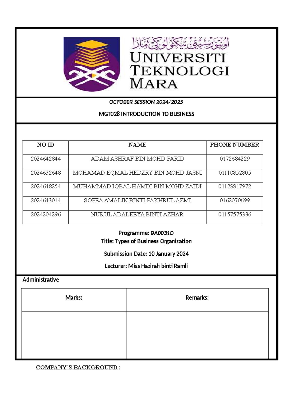 MGT028 Assignment: Types of Business Organization Analysis - Studocu