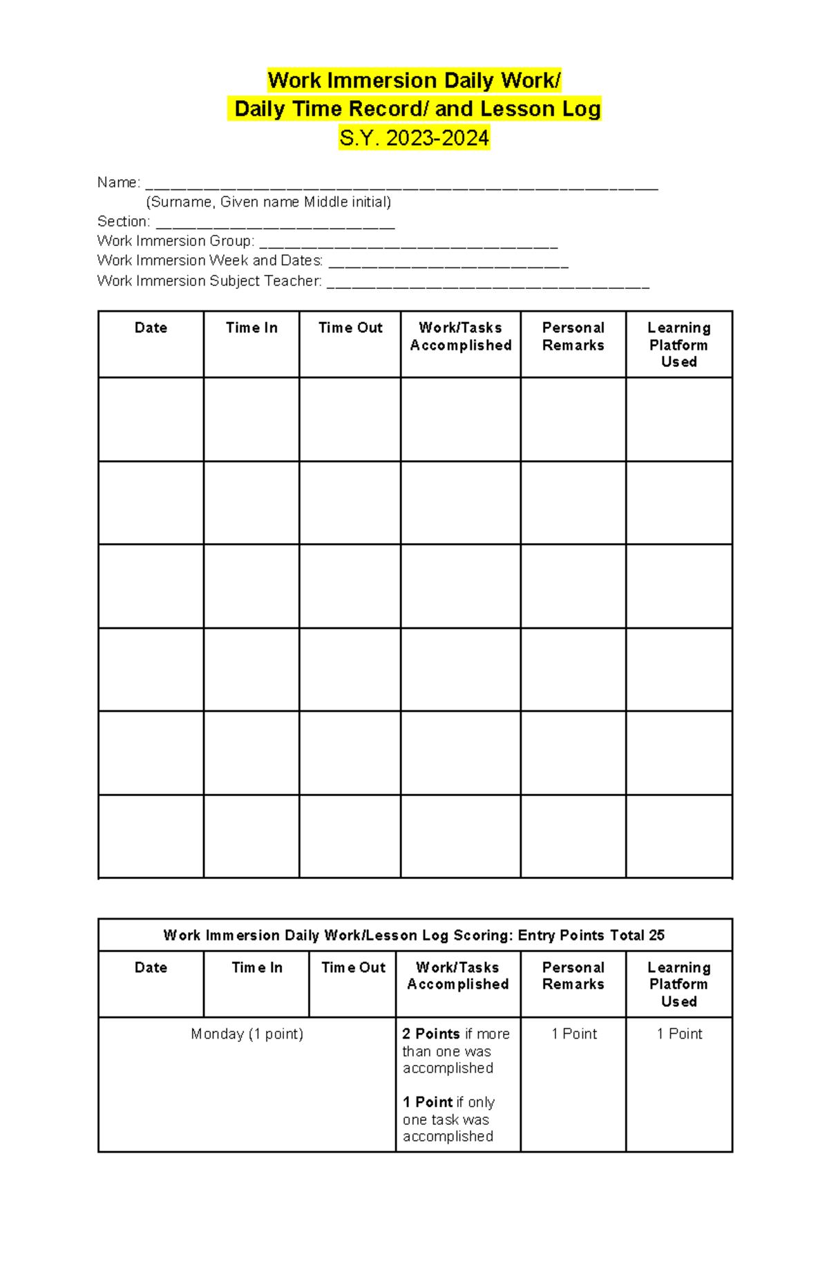 Work Immersion Daily Log & Reflection for S.Y. 2023 Activities - Studocu