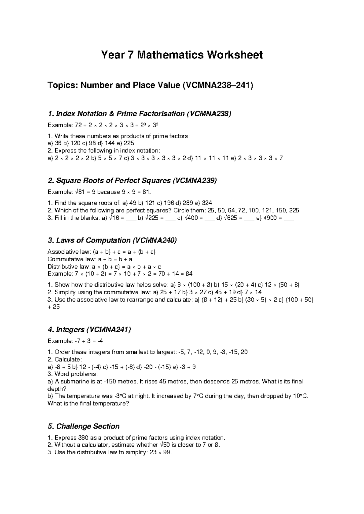Year 7 Maths Worksheet: Number, Place Value & Computation (VCMNA238-241 ...