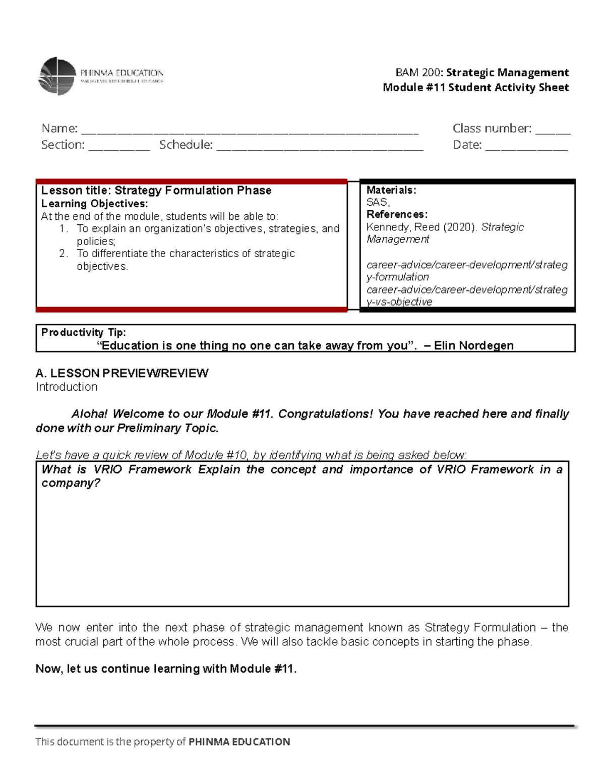 BAM 200: Strategic Management Lesson on Strategy Formulation Phase ...