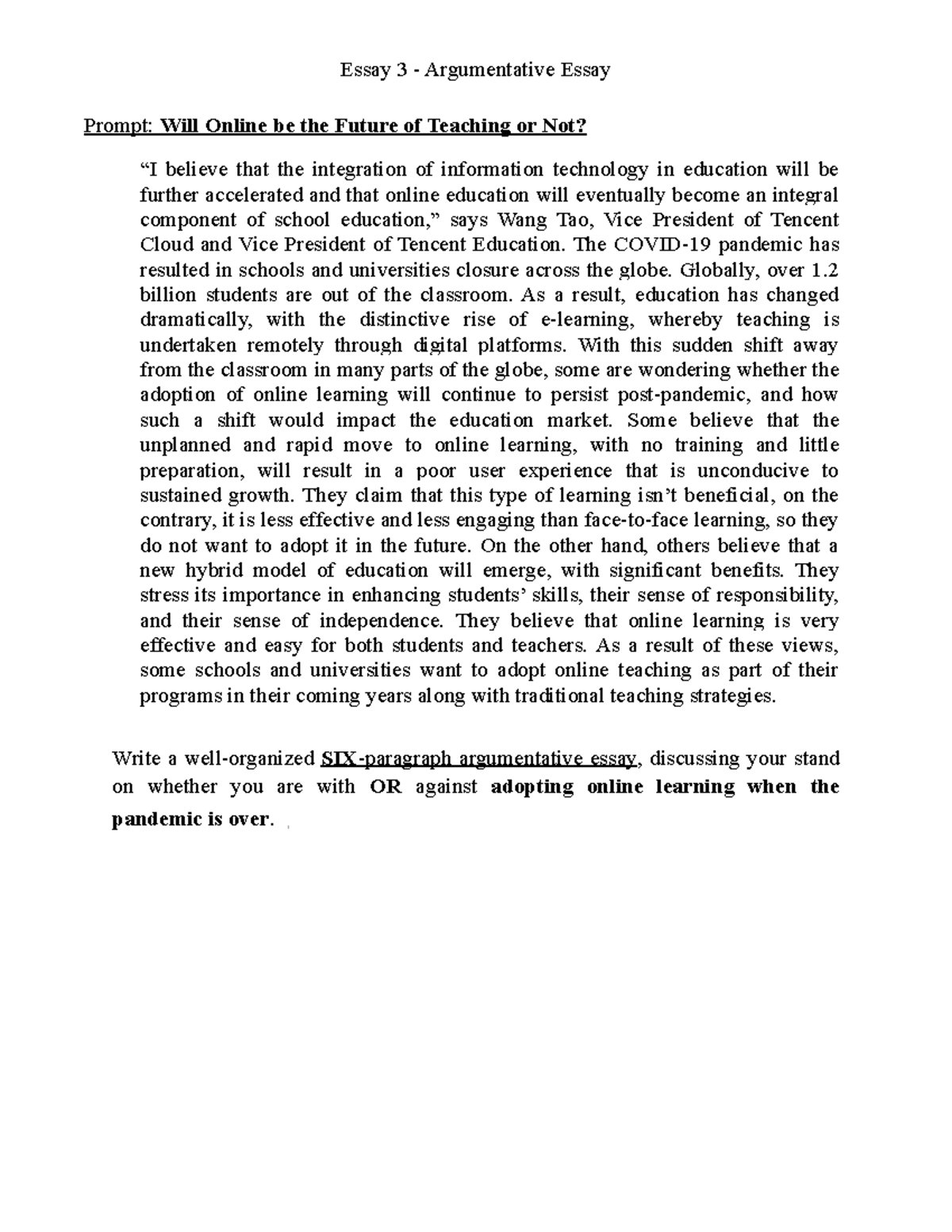 Argumentative Essay about online learning/education - Essay 3 ...