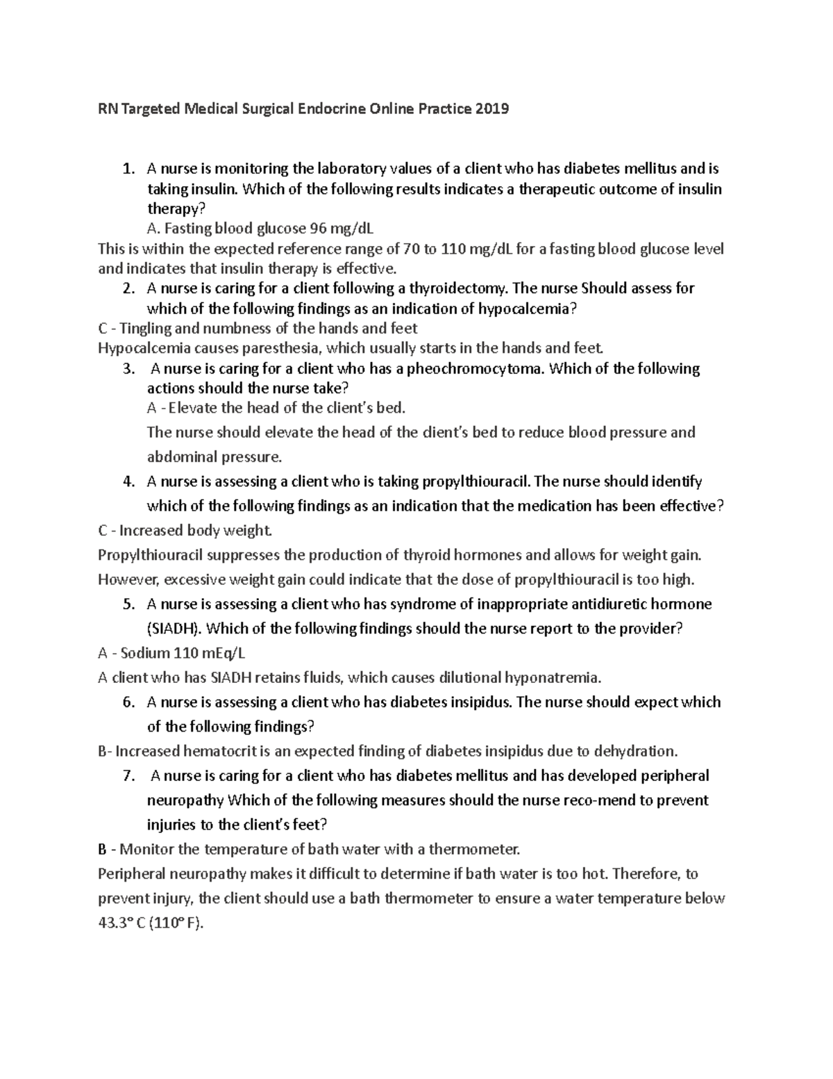 RN Targeted Medical Surgical Endocrine Online Practice 2019 - A nurse ...