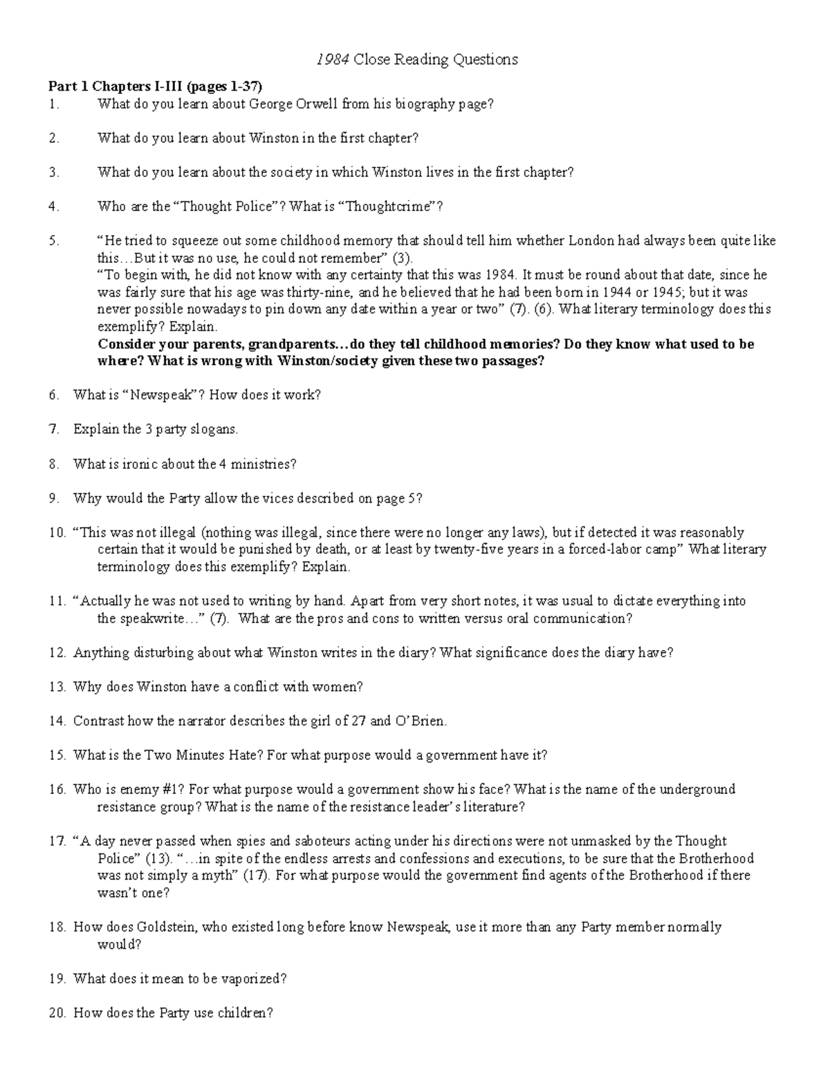 1984 close reading questions - 1984 Close Reading Questions Part 1 ...