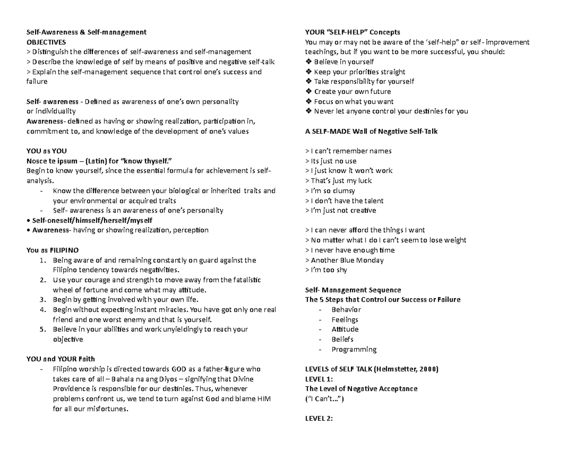 NSTP 2 - Self-Awareness & Management Guide for Students - Studocu