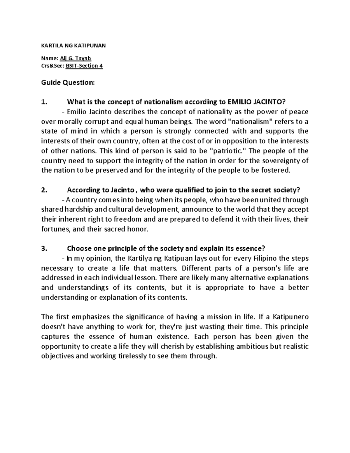 Tayab Recitation - Filipino Reviewer on KARTILA NG KATIPUNAN - Studocu