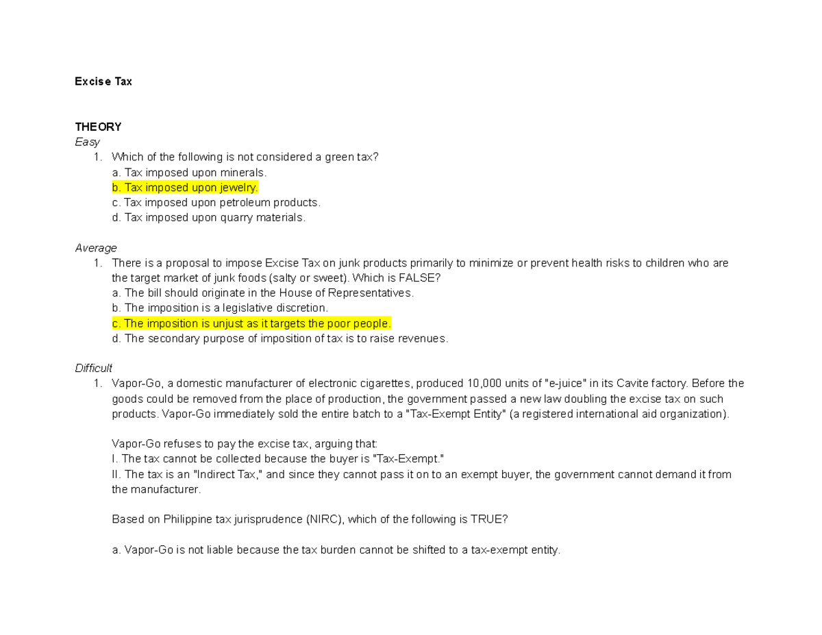 Excise Tax Theory: Understanding Green Taxes and Implications - Studocu