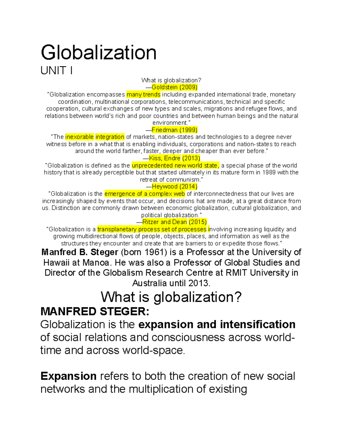 Globalization: Key Concepts and Historical Perspectives (Unit I) - Studocu