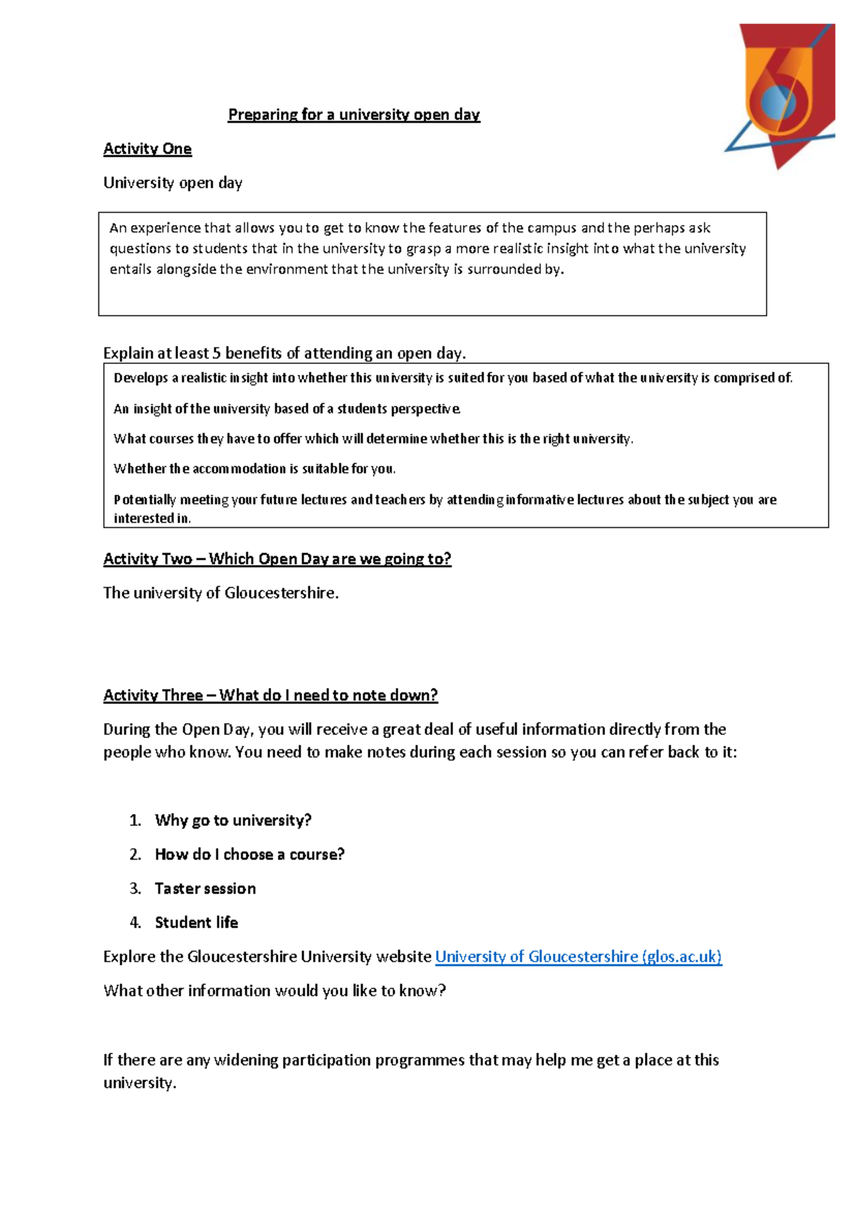 University Open Day Preparation Worksheet: Benefits & Insights - Studocu