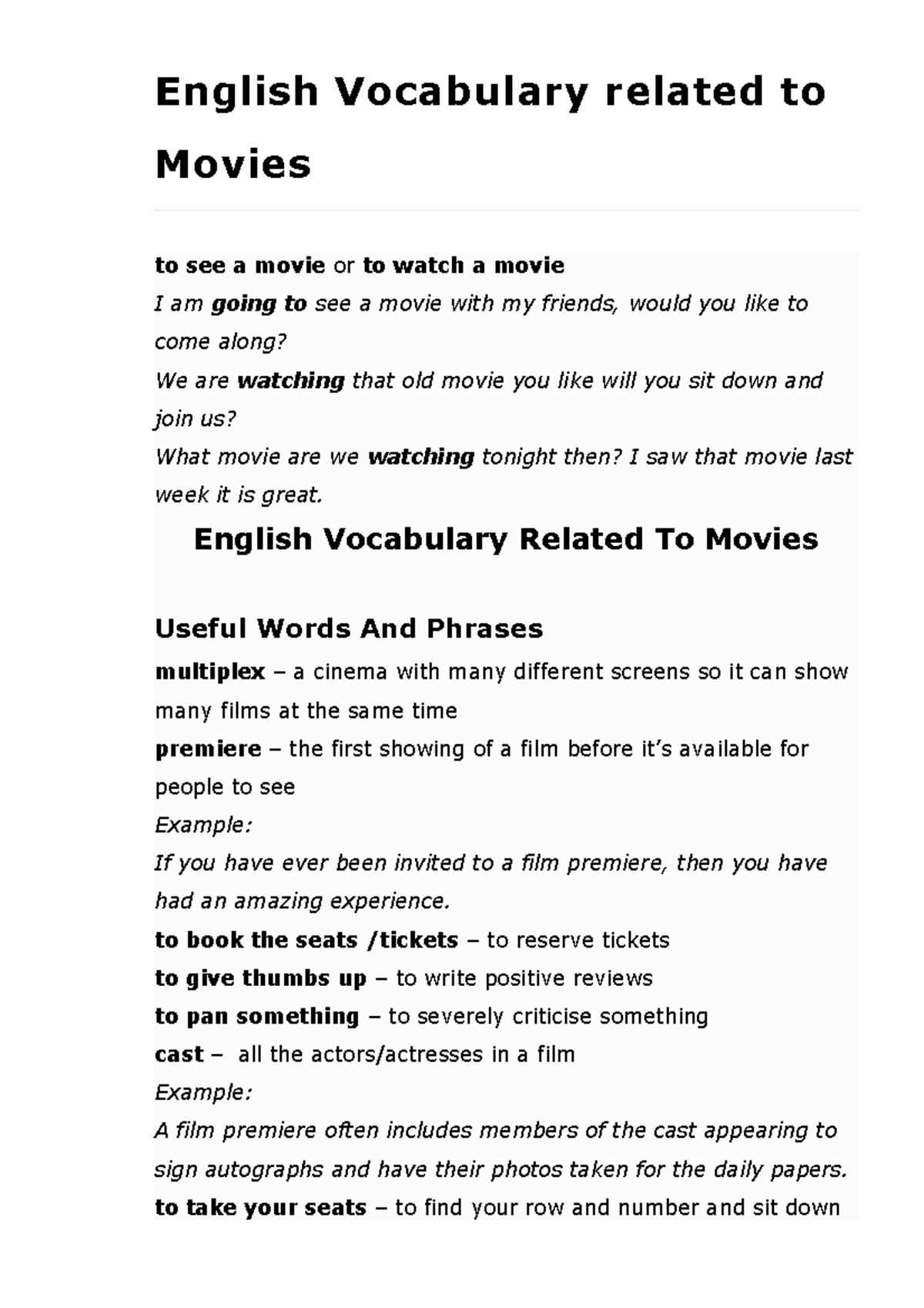 English Vocabulary: Movies - Useful Phrases & Idioms - Studocu