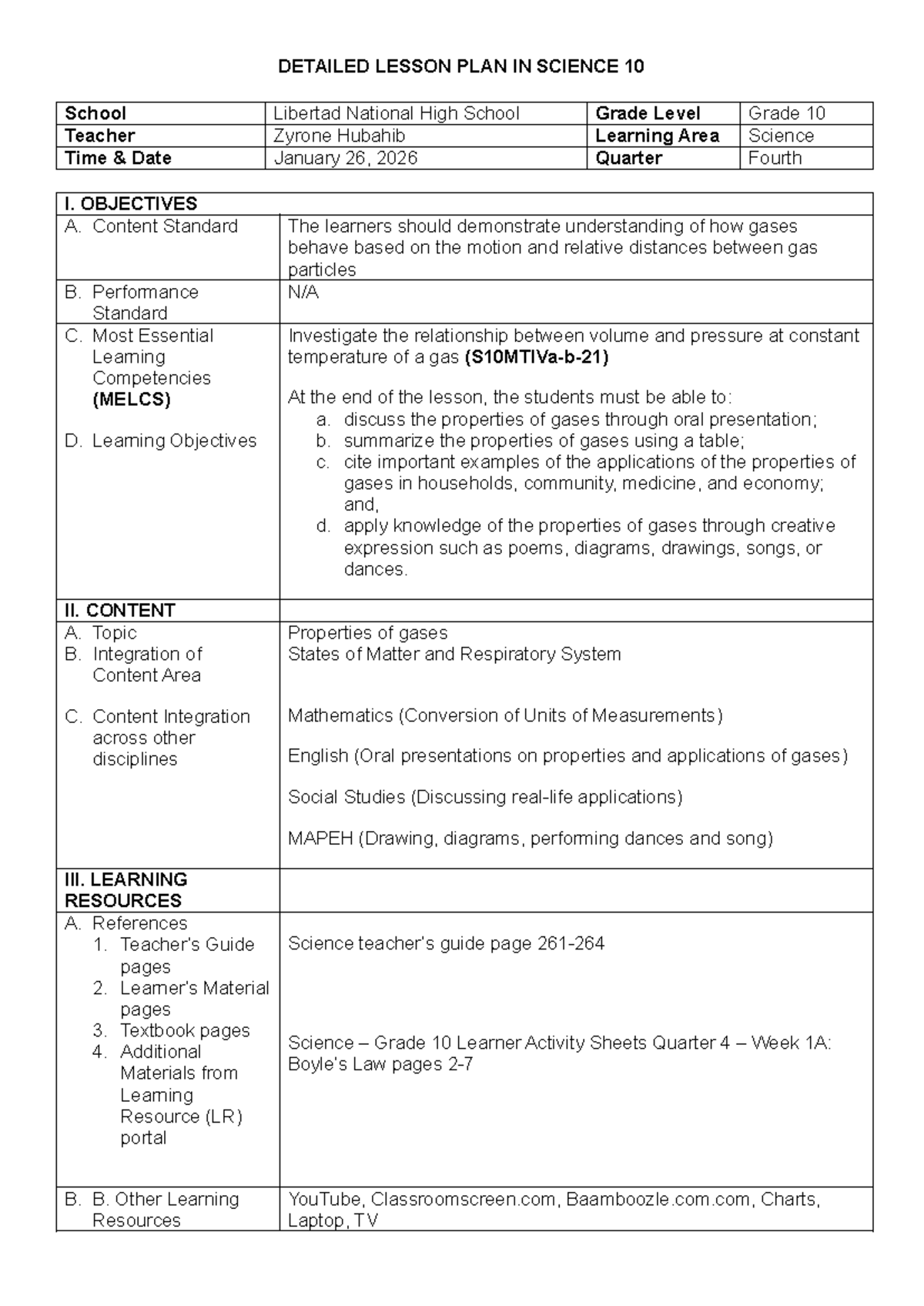 Grade 10 Science Lesson Plan: Properties of Gases (LP1) - Studocu