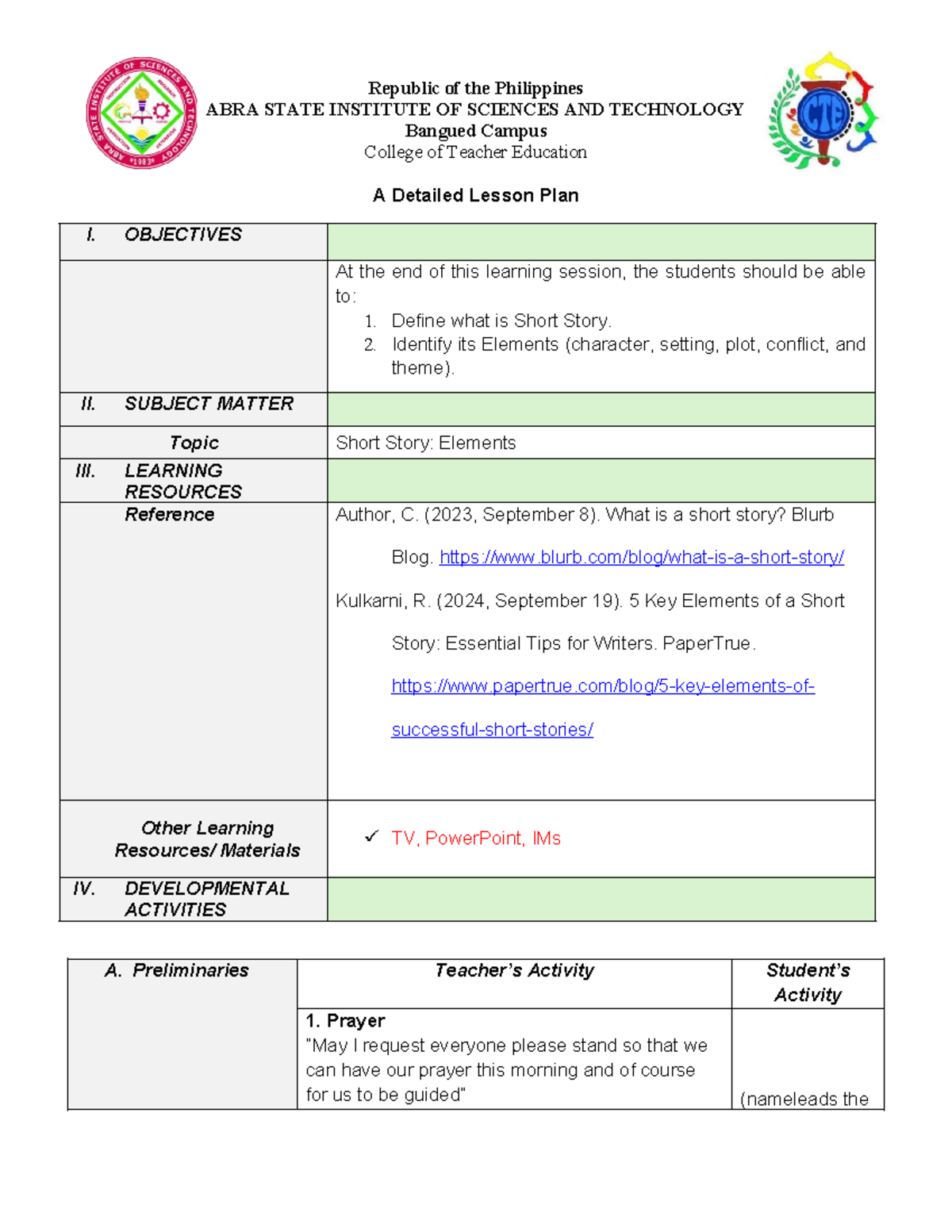 PROF ED 75 DLP: Detailed Lesson Plan on Short Story Elements - Studocu