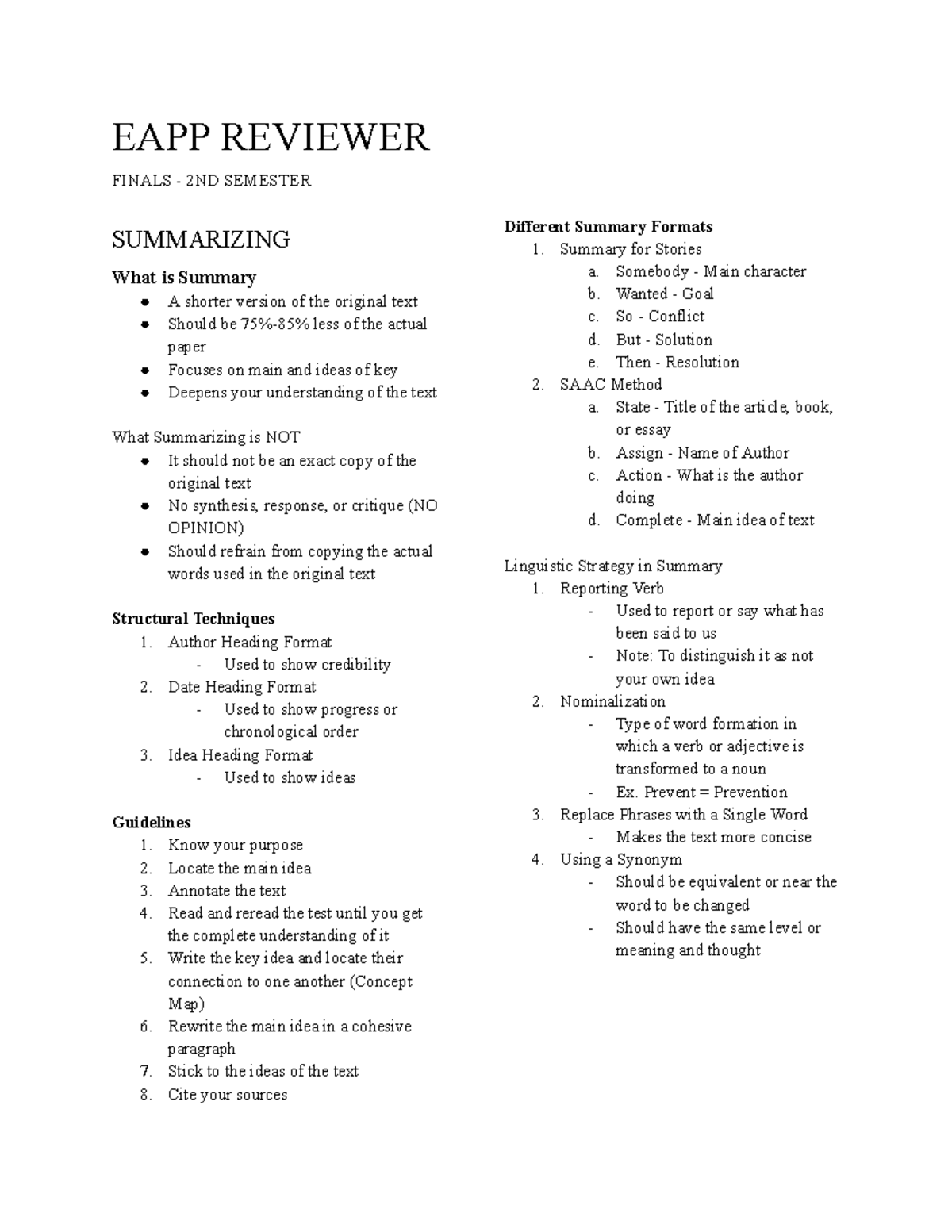 EAPP 2nd Sem Finals Reviewer: Summarizing, Paraphrasing & Critique ...
