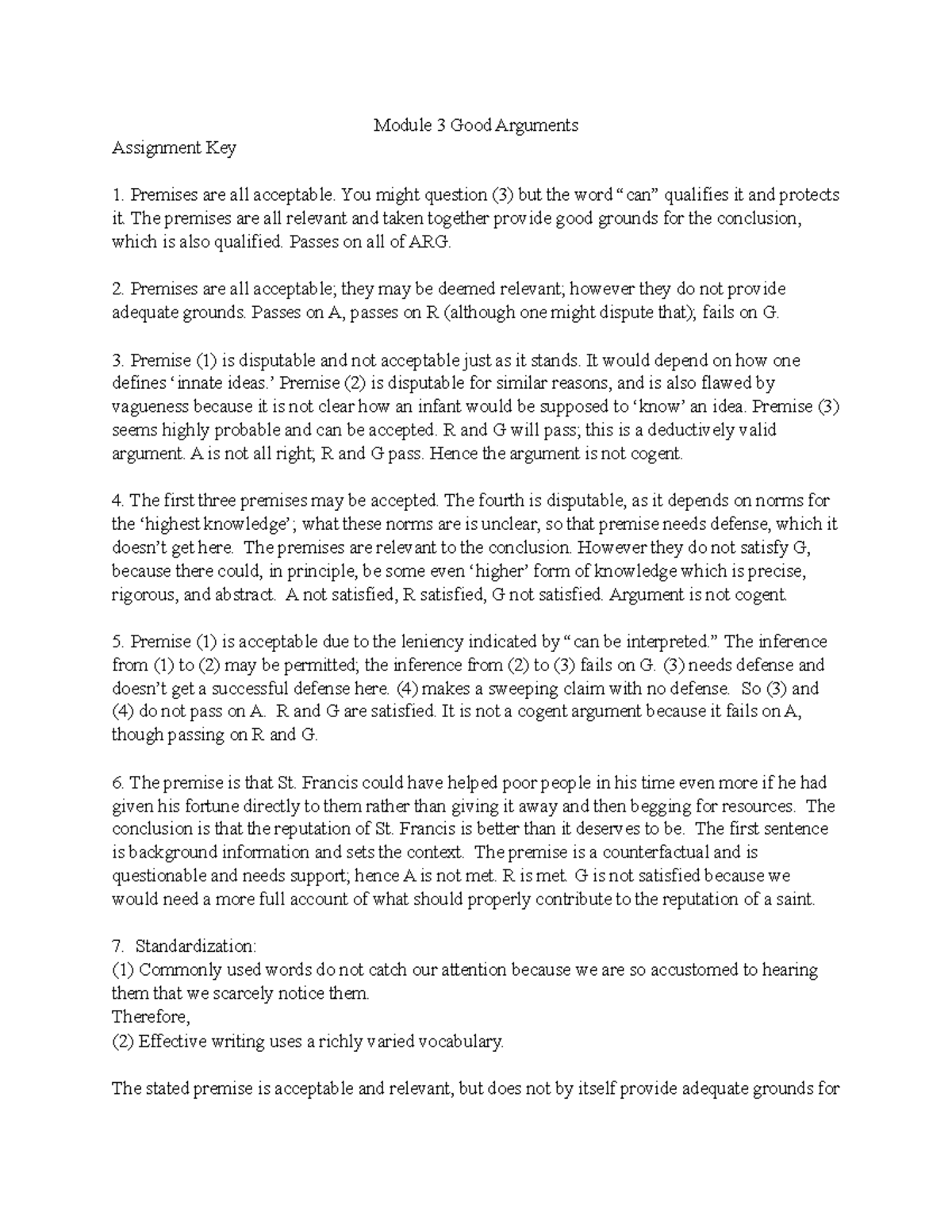 3. Good Arguments Key - Module 3 Good Arguments Assignment Key Premises ...