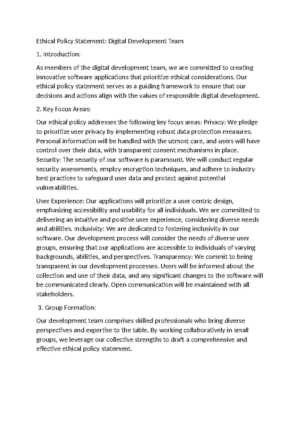 Creating an Ethical Policy Task 2 - Ethical Policy Statement: Digital ...