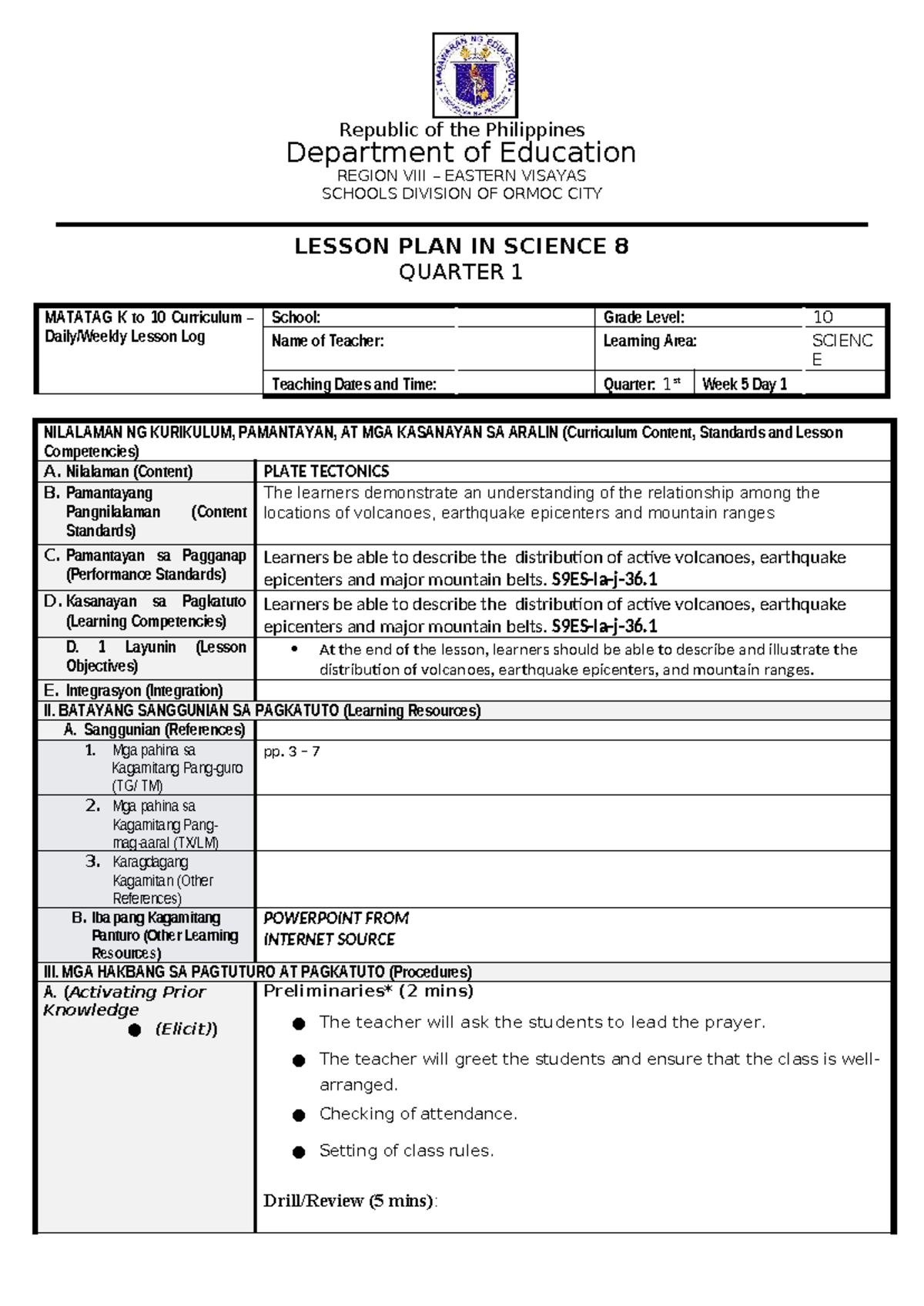 G10 SCI 8 Q1 W5 D1 - Lesson Plan on Plate Tectonics - Studocu