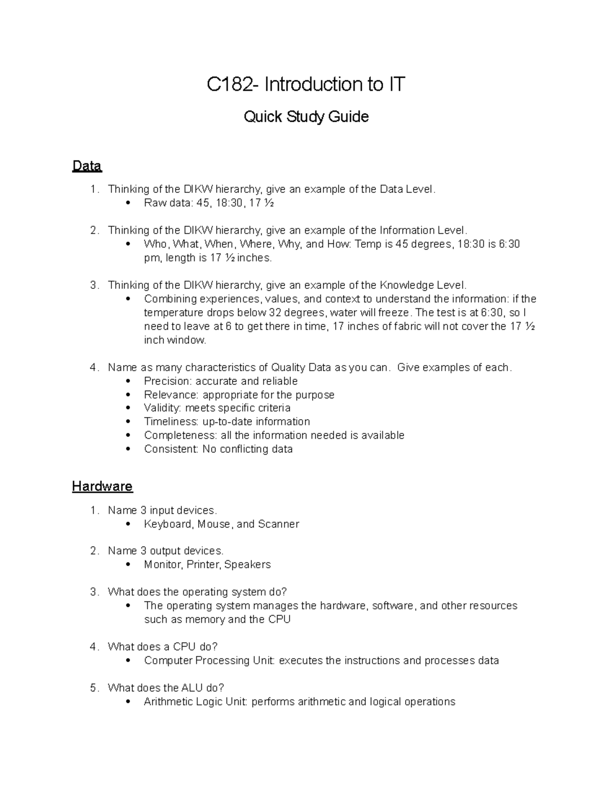 C182 - Intro to IT Final Exam Quick Study Notes - Studocu