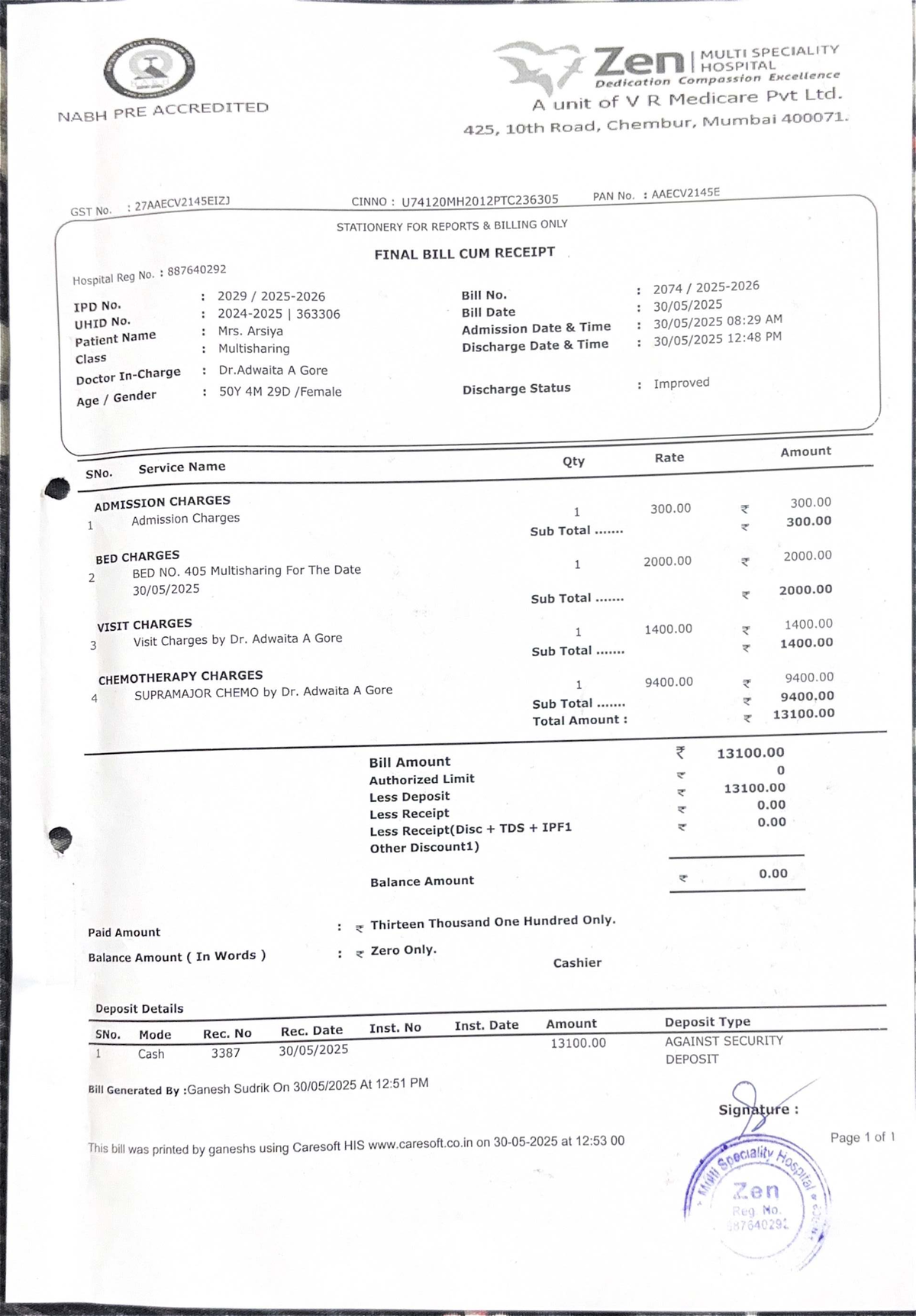 Discharge Summary and Billing Details for Chemotherapy - ACCREDITED ...