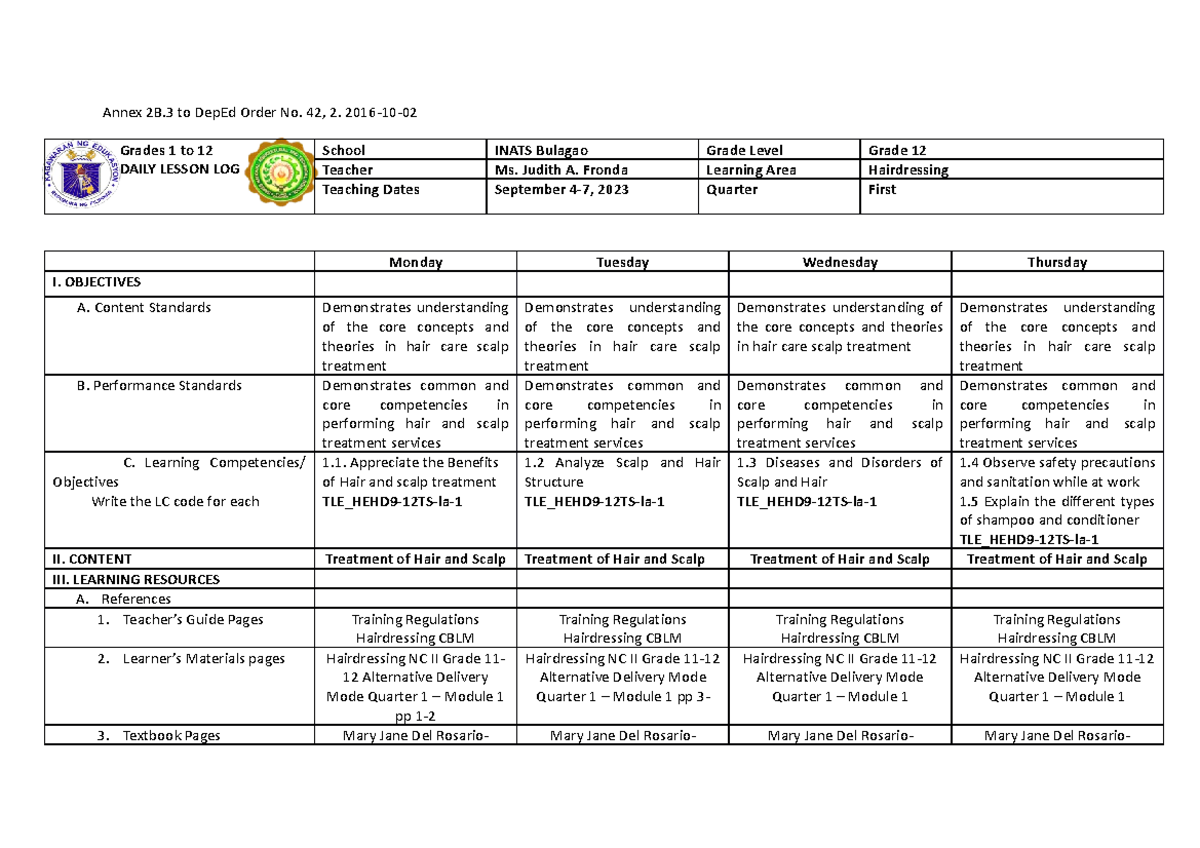 Hairdressing Lesson Plan - Week 1 (Grade 12, First Quarter) - Studocu