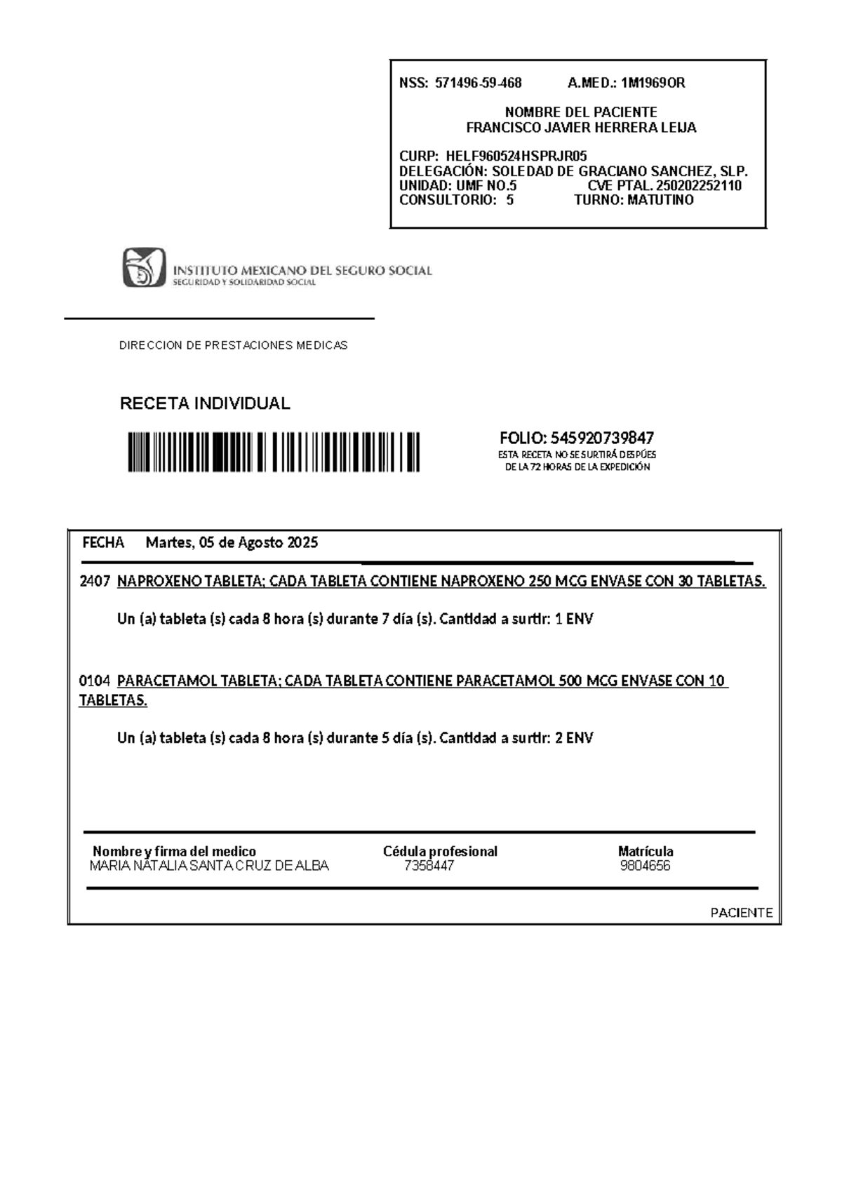 Receta Médica NSS: 571496-59-468 para Dolor Muscular - Studocu