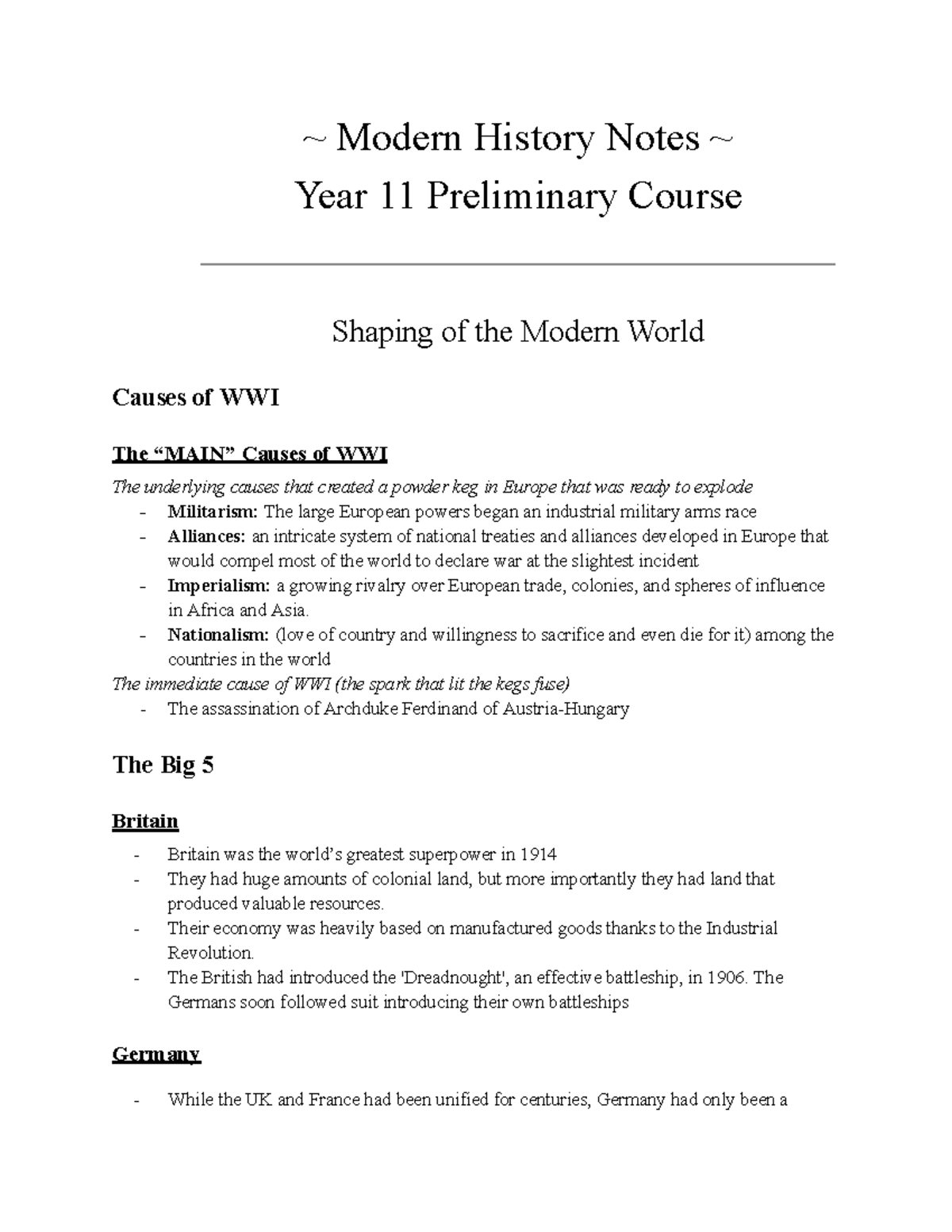 Modern History Notes 11 - Causes of WWI: A Comprehensive Overview - Studocu